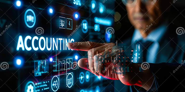 Finance Professional Interacts with Futuristic Accounting Interface Displaying Key Financial ...