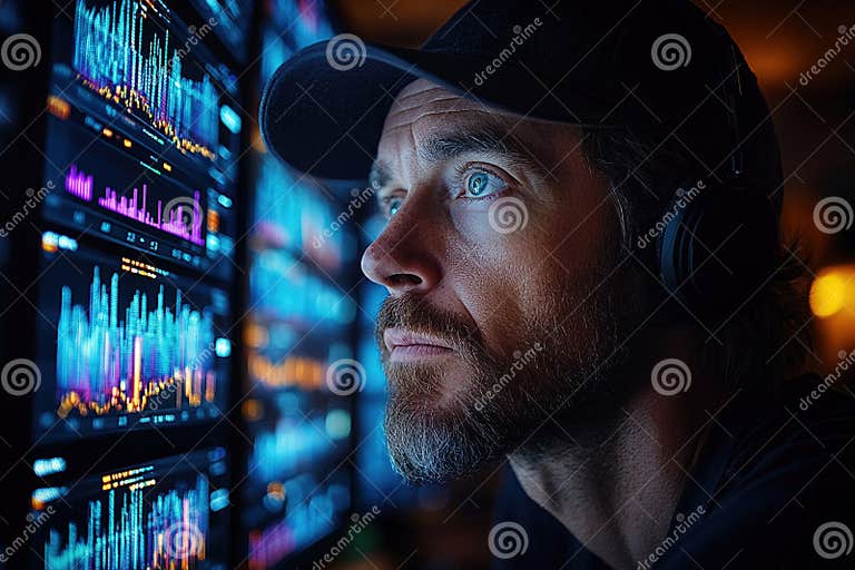 Financial Analyst Intensely Focused on Multiple Monitors Stock Image ...