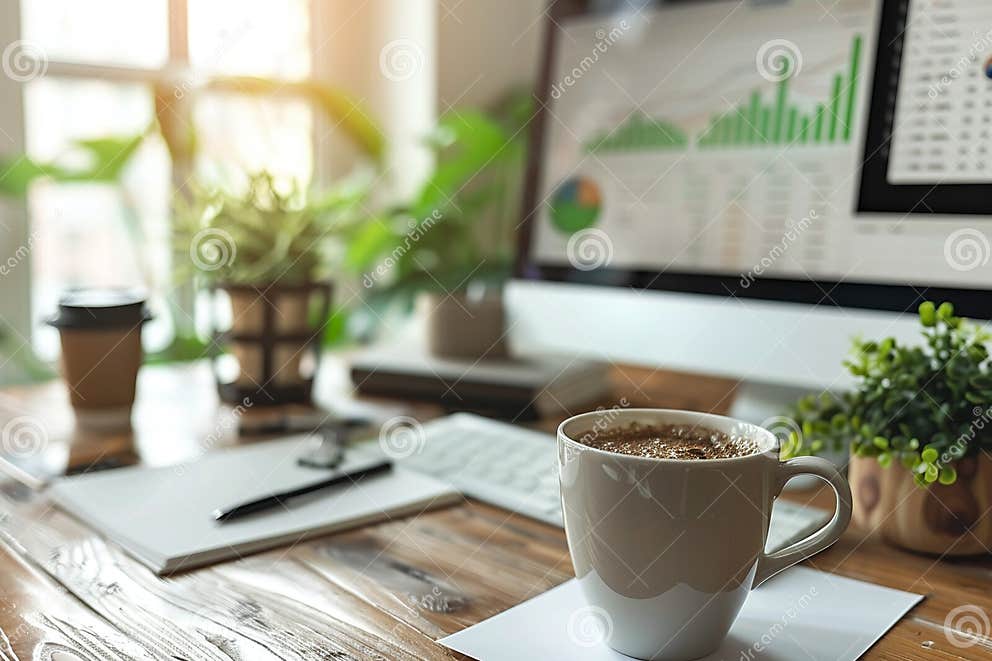 Financial Analyst Working on a Computer with Spreadsheets and Charts, Office Desk with Coffee ...