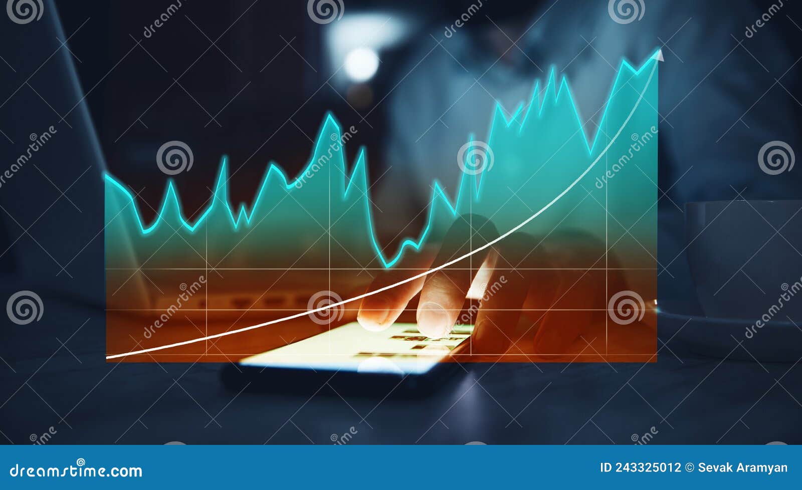 Financial Chart Drawing and Table with Computer and Man. Stock Photo ...