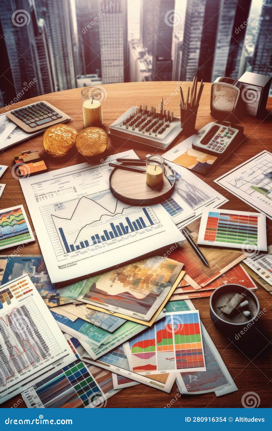 Financial Charts and Graphs Spread Across a Table Stock Illustration ...