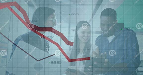 Financial Data and Declining Graph Image Over Diverse People Using ...