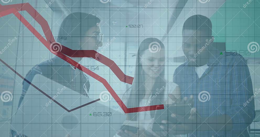 Financial Data and Declining Graph Image Over Diverse People Using ...