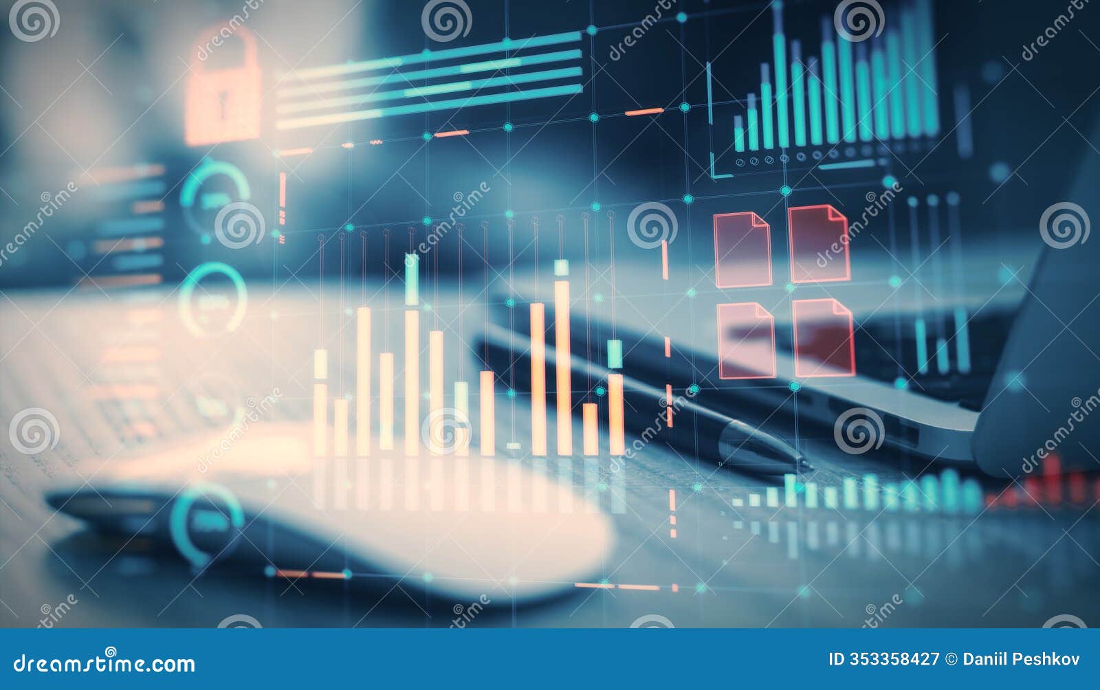 Financial Data Interface with Glowing Graphs and Charts on a Blurry ...