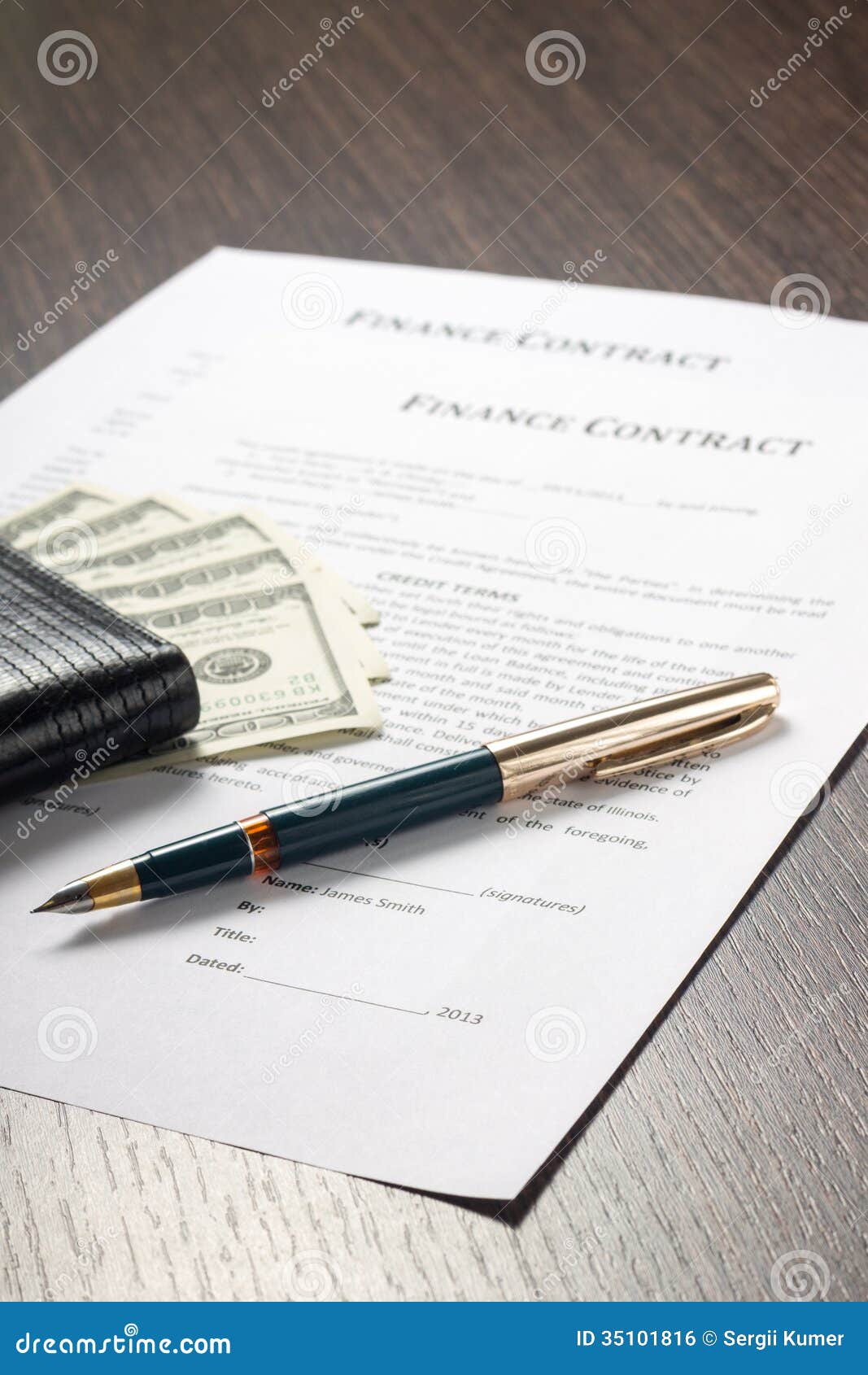 Financial Document with Wallet, Money and Fountain Pen Stock Photo ...