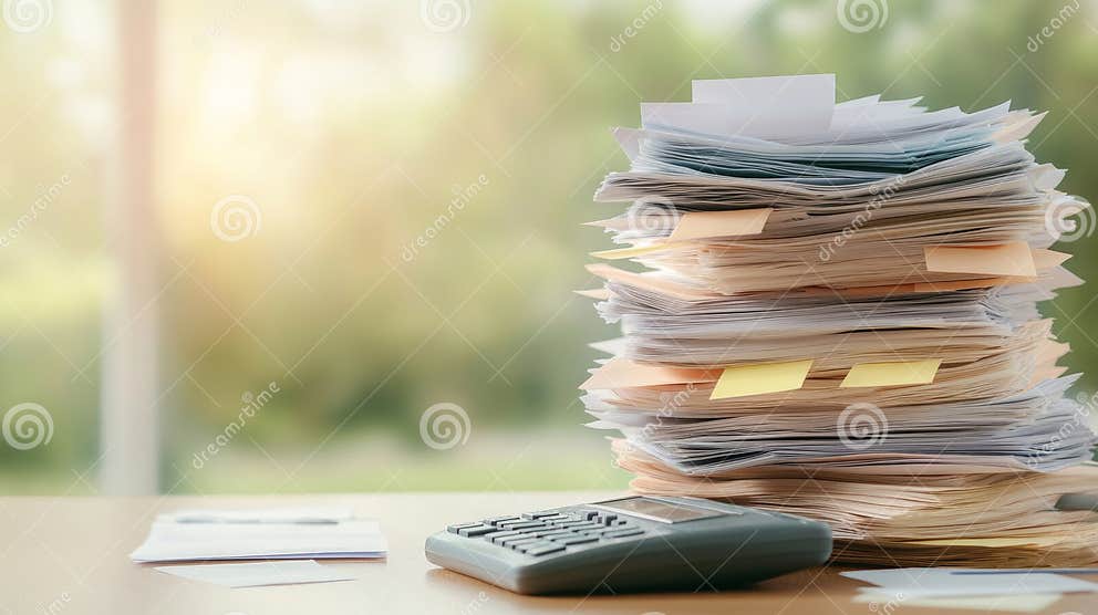 Financial Documents with Sticky Notes and Calculator Scattered Across ...