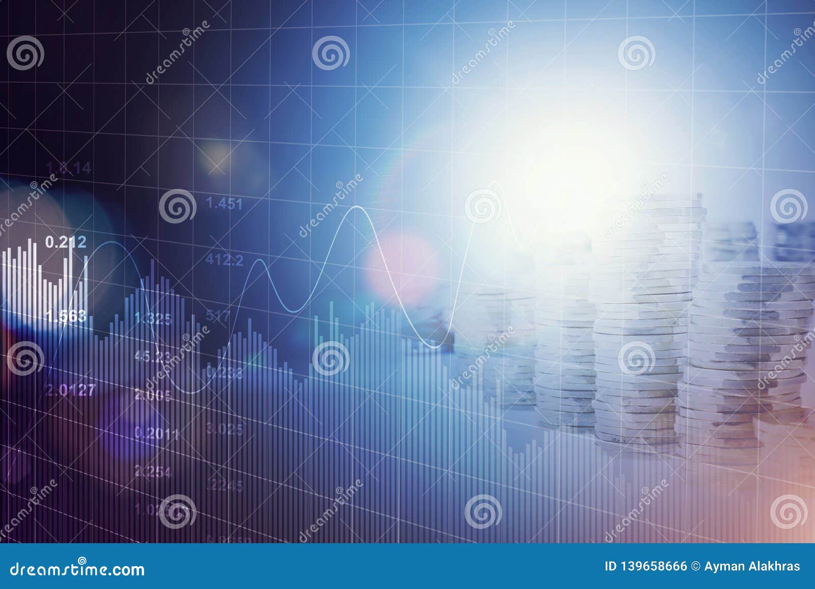 Financial Futuristic Blue Charts and Graphs and Coins Stack Background ...