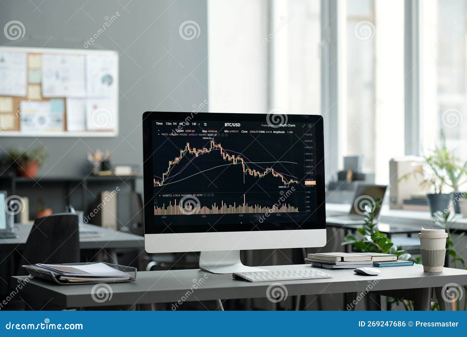 Financial Graph and Chart on Screen of Computer Standing on Workplace ...