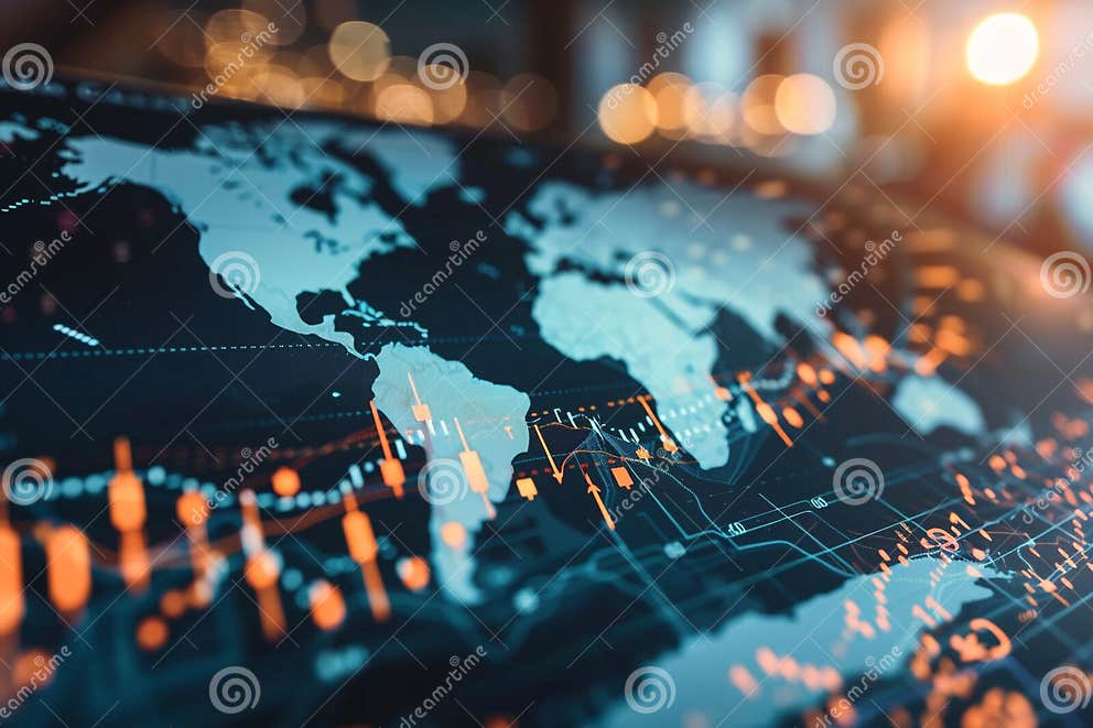 A Financial Graph on a Global Map is a Visual Representation of the ...