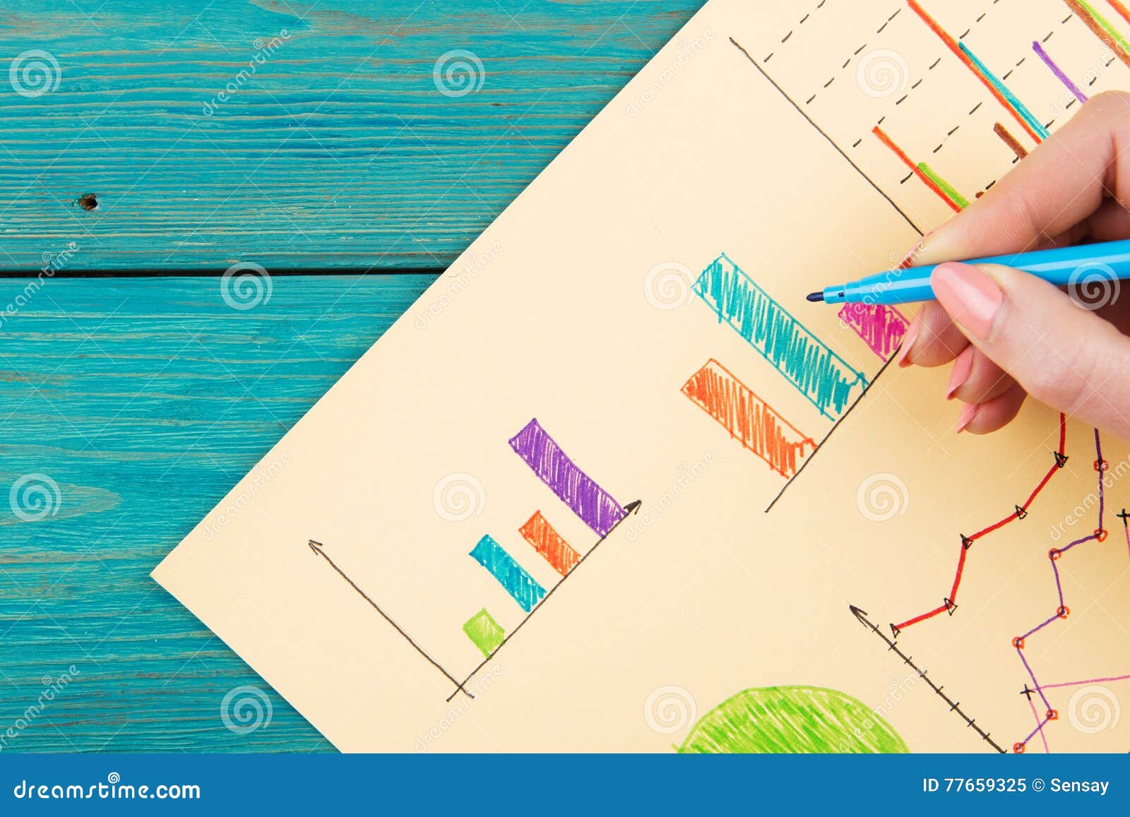 Financial Graphs Drawn with Colored Pens Stock Image - Image of line ...