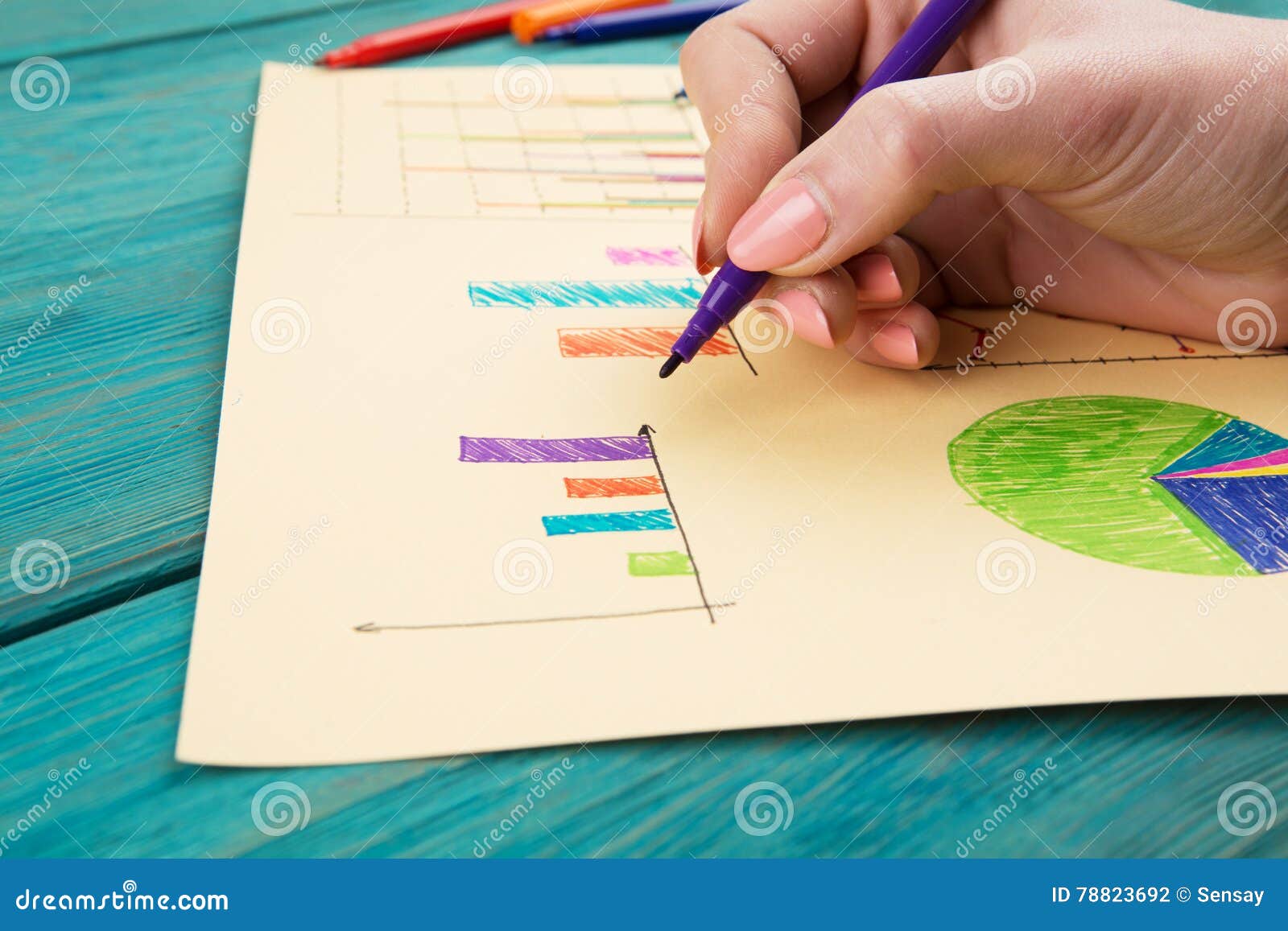 Financial Graphs Drawn with Colored Pens Stock Photo - Image of ...