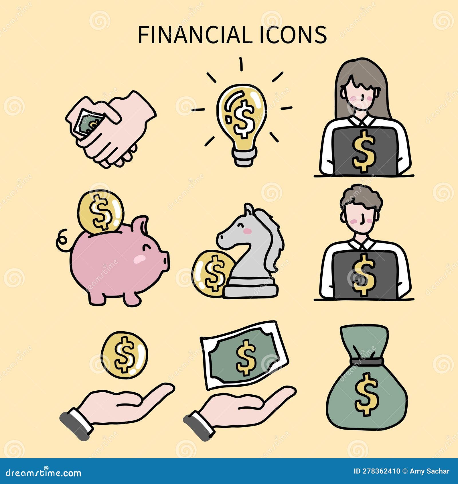 Financial Icons Cute Cartoon Doodle Style Illustration Stock Vector ...