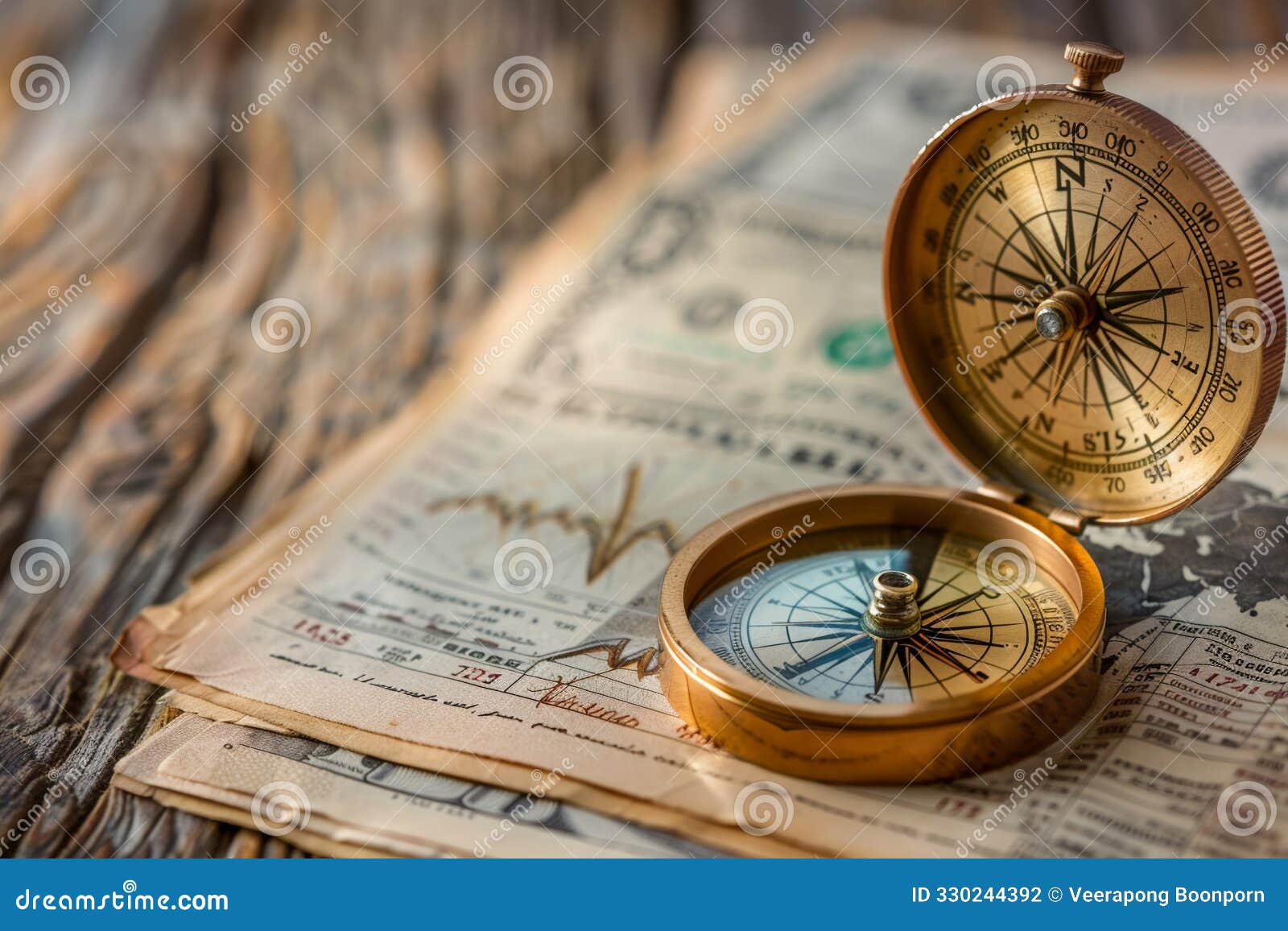 Financial Journey Symbolized by Compass on Vintage Desk with Financial ...