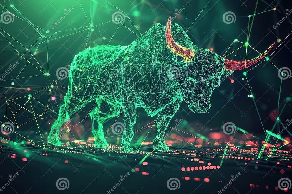 Financial Market Battle, Bull Vs Bear in Glowing Data Points and Binary ...