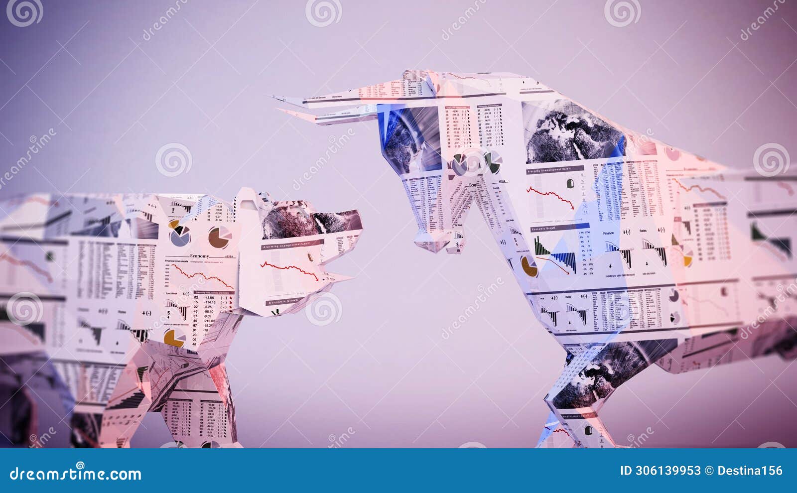 Financial Numbers and Charts on Low Poly Bull and Bear. 3D Illustration ...