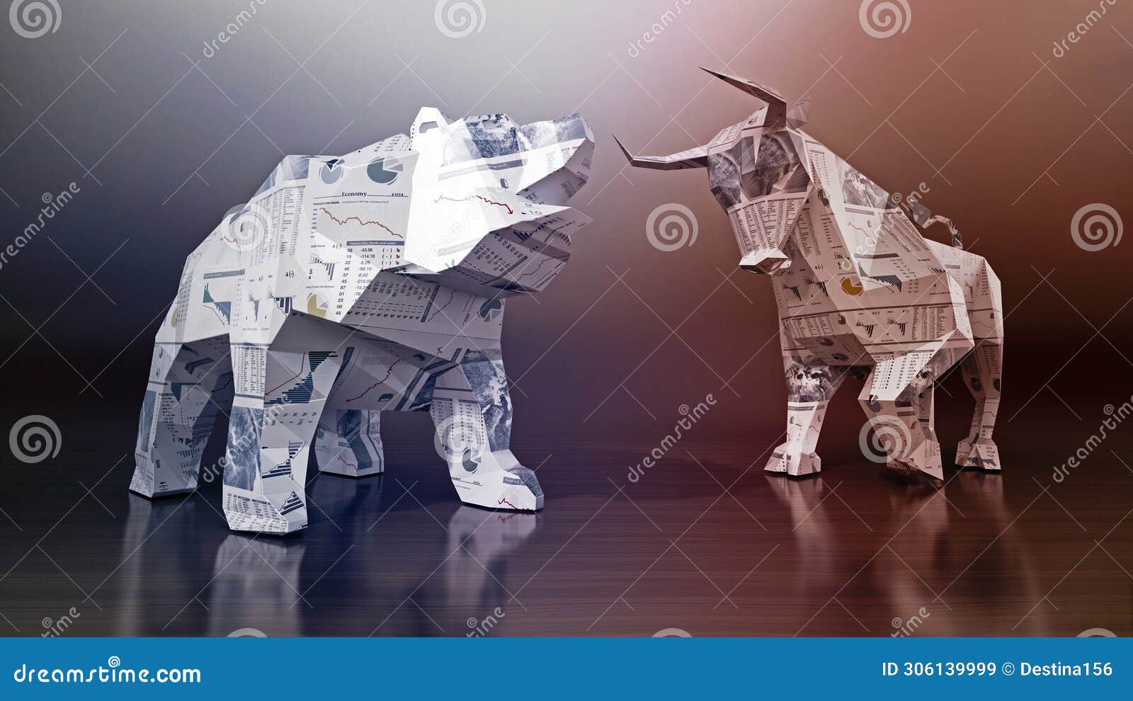 Financial Numbers and Charts on Low Poly Bull and Bear. 3D Illustration ...
