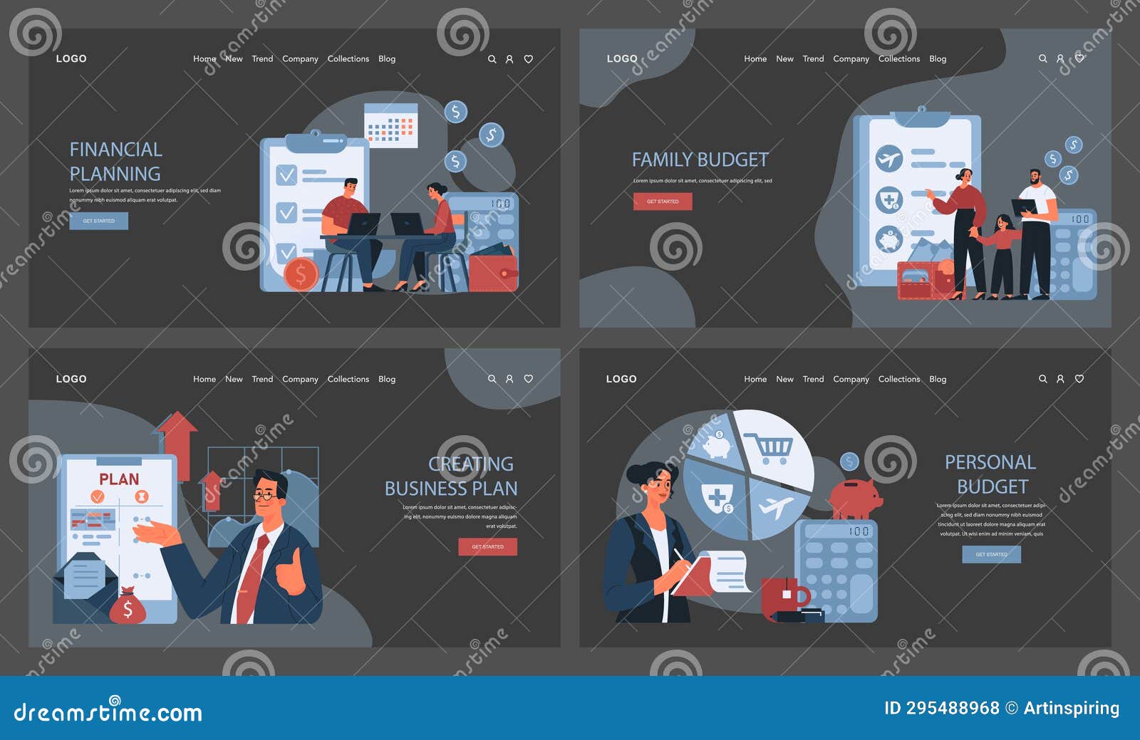 Financial Planning Web Banner or Landing Page Dark or Night Mode Set ...