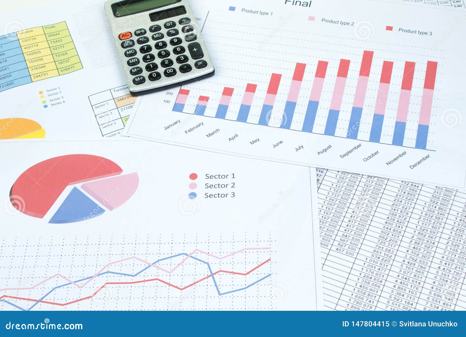 Financial Printed Paper Charts, Graphs and Diagrams on the Table. Top ...