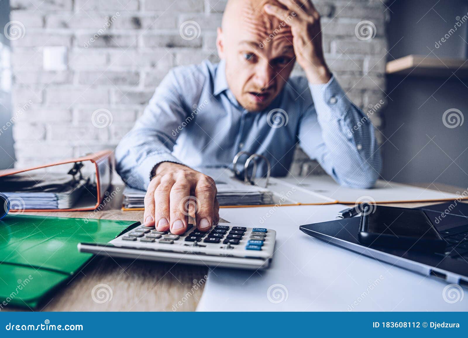 Financial Problems during Crisis. Man Manager with Calculator Counting ...