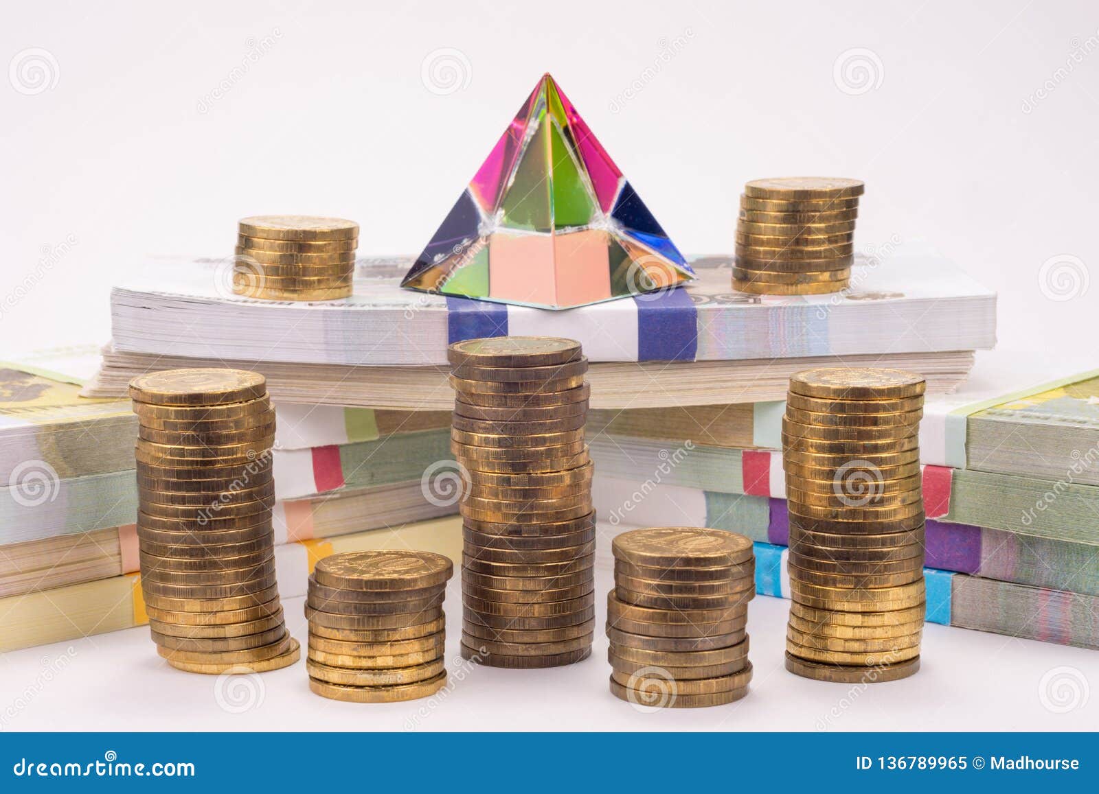 Financial Pyramid, Wads of Money and Stacks of Coins Stock Image ...