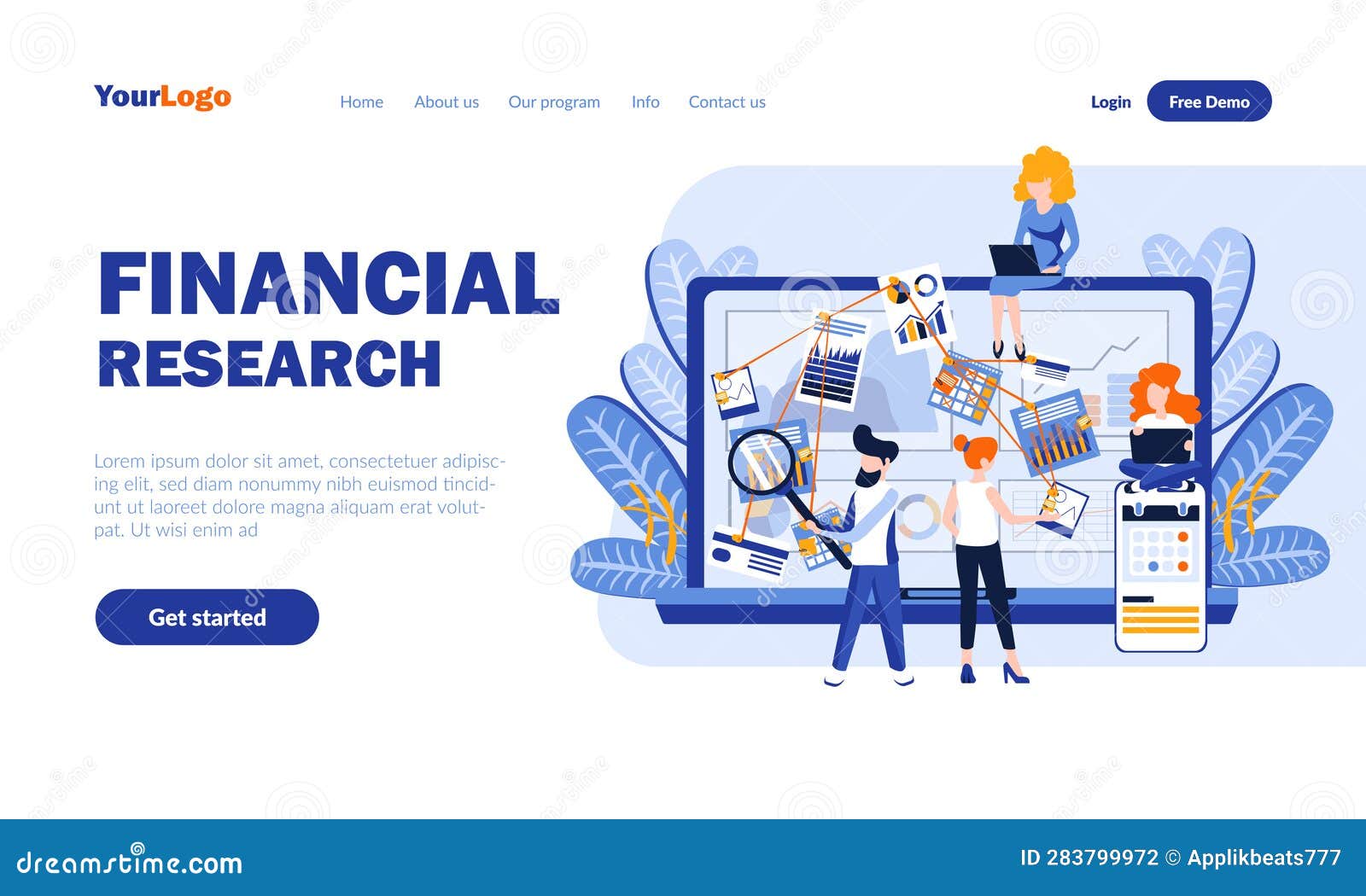 Financial Research Flat Landing Page Template with Header. Data ...