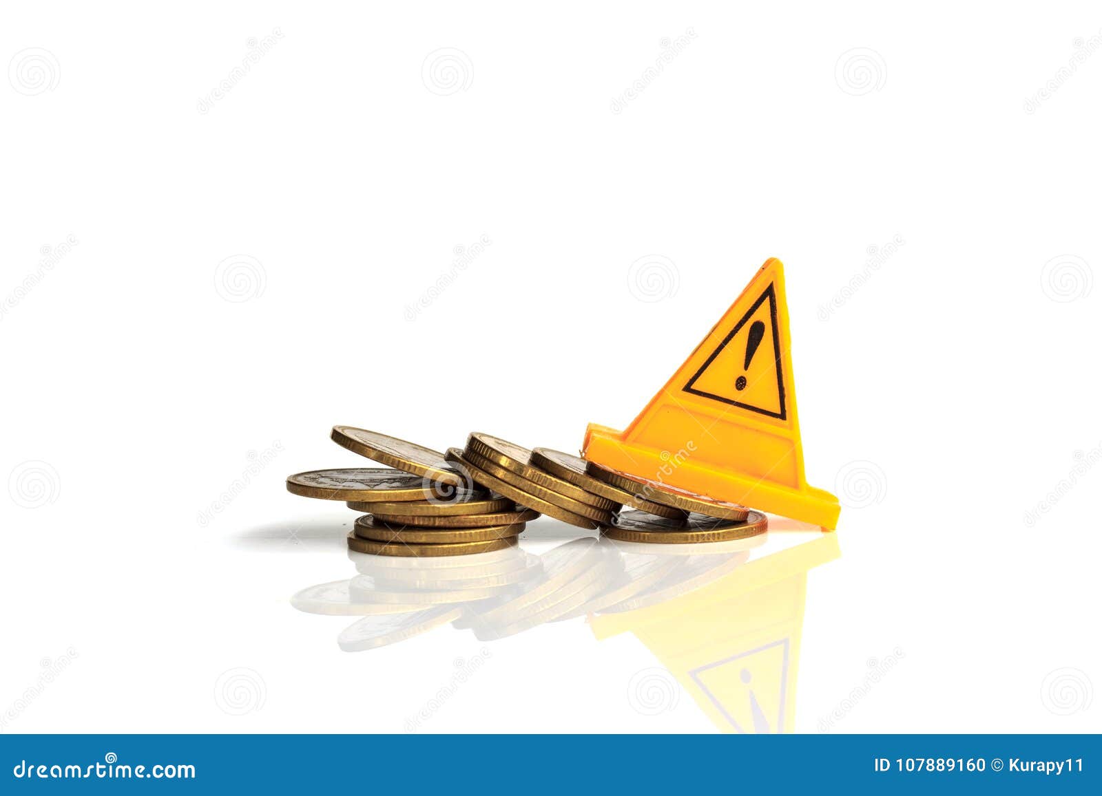 Financial Risk. Coins Falling and Warning Label on Whitebackground ...