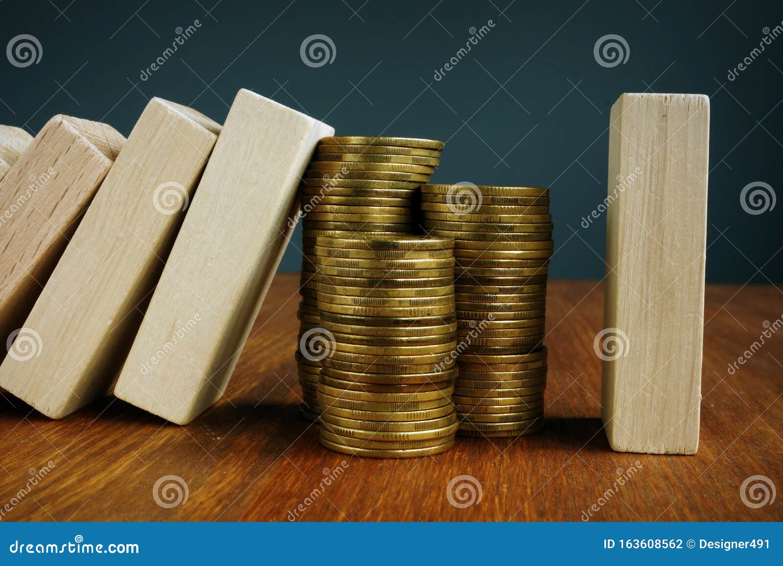 Financial Stability and Savings. Wooden Blocks and Stack of Coins Stock ...