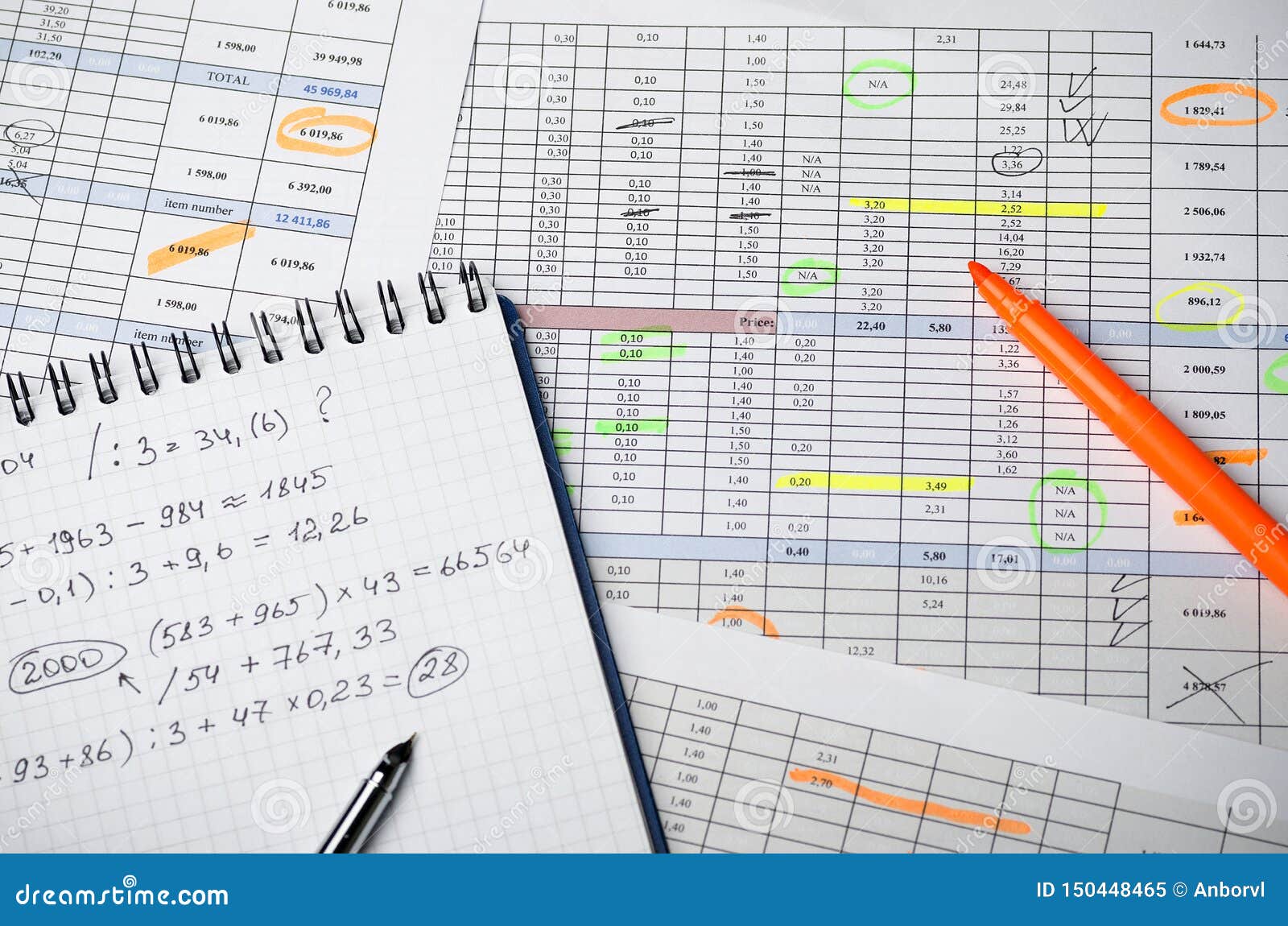 Financial Tables on Paper and a Notebook with Calculations Stock Image ...