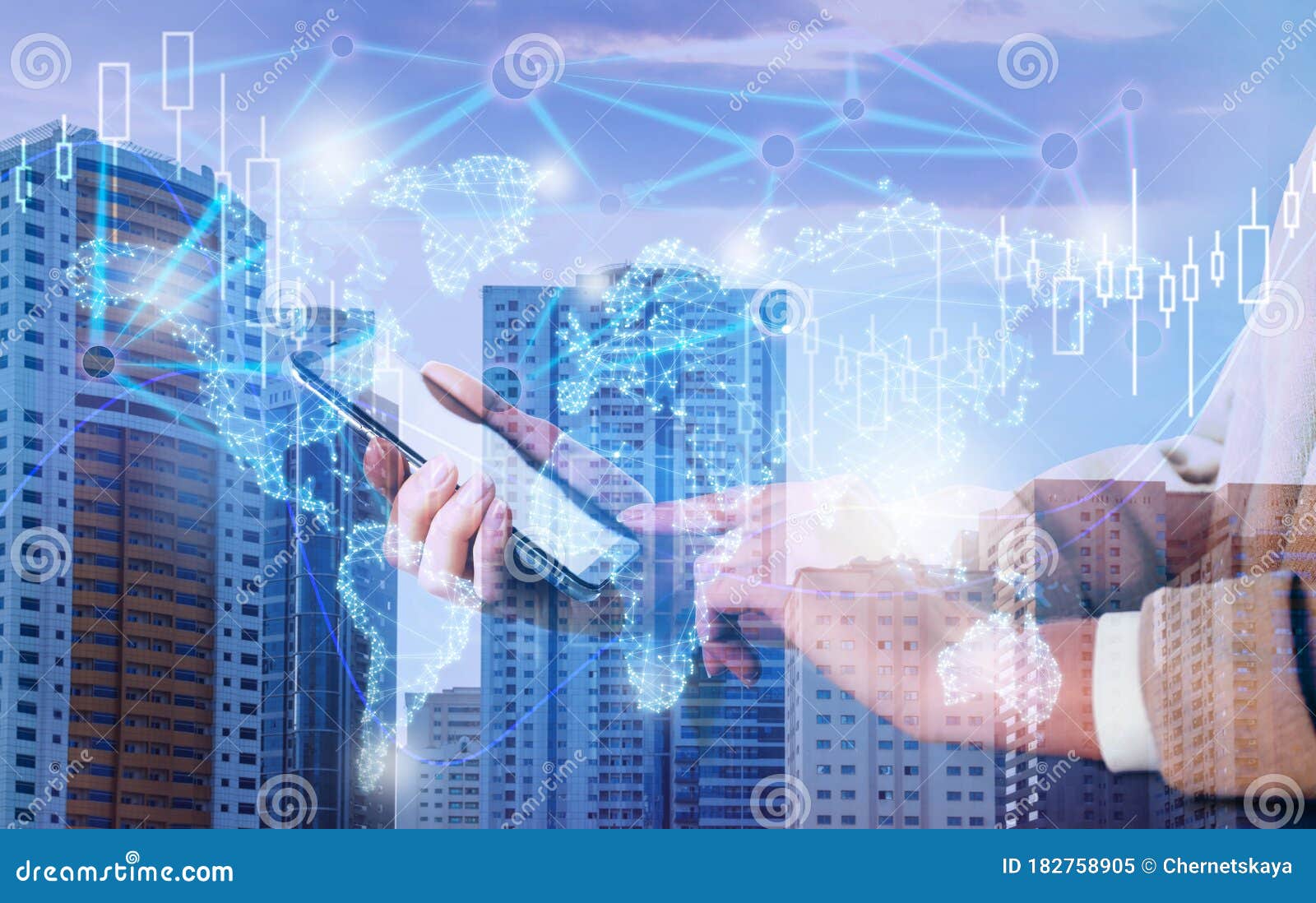 Financial Technology and Mobile Communication Concept. Woman Working ...