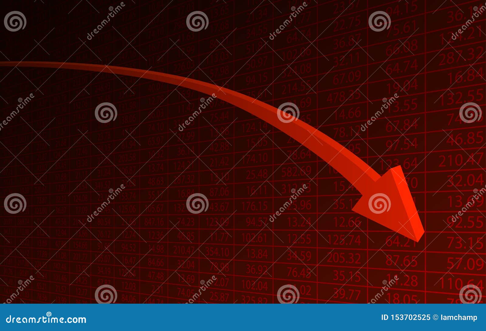 Abstract Financial Chart with 3d Downtrend Line Arrows Graph Go Down and Stock Numbers on Red ...