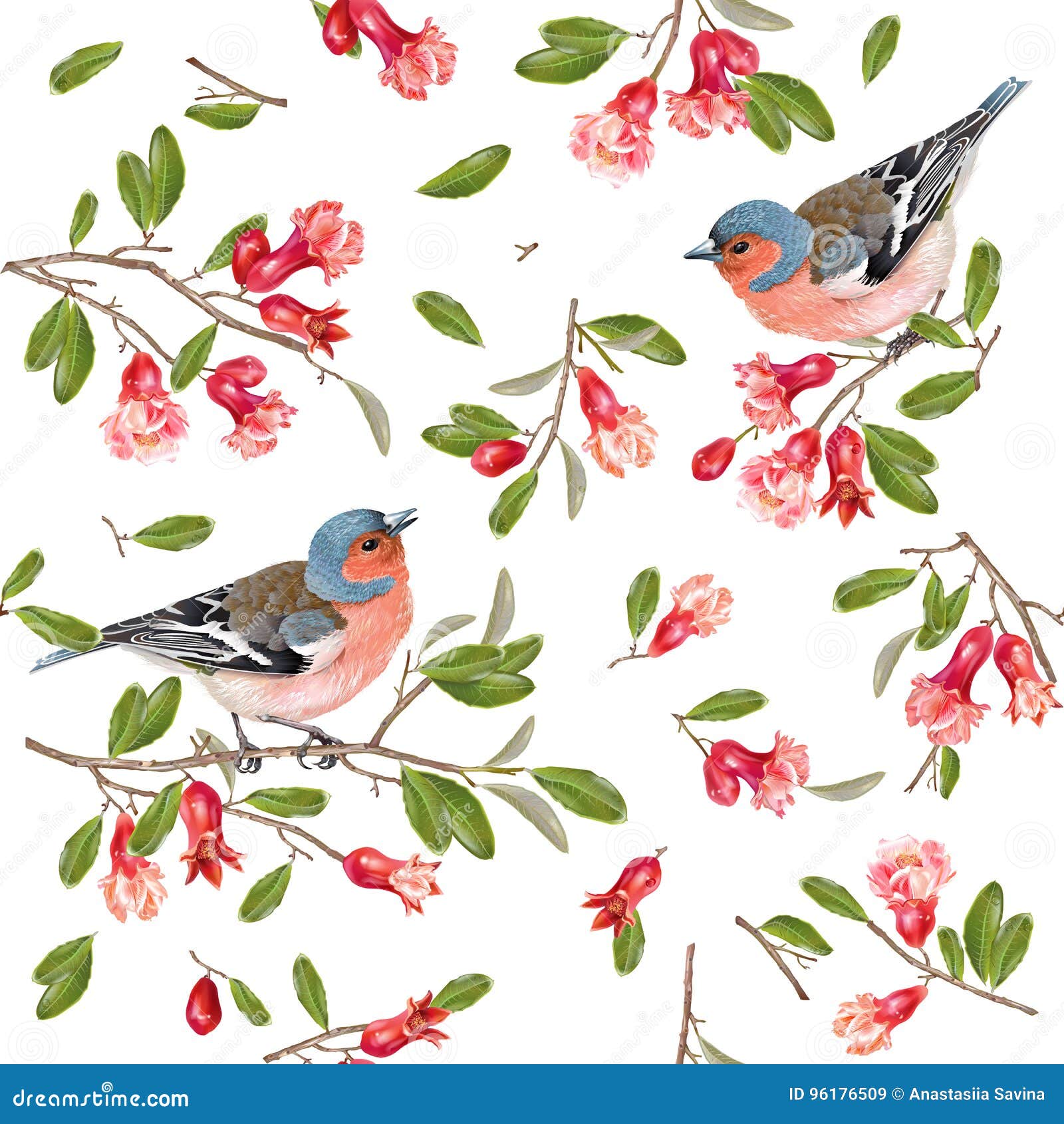 Finch branch pattern stock vector. Illustration of love - 96176509