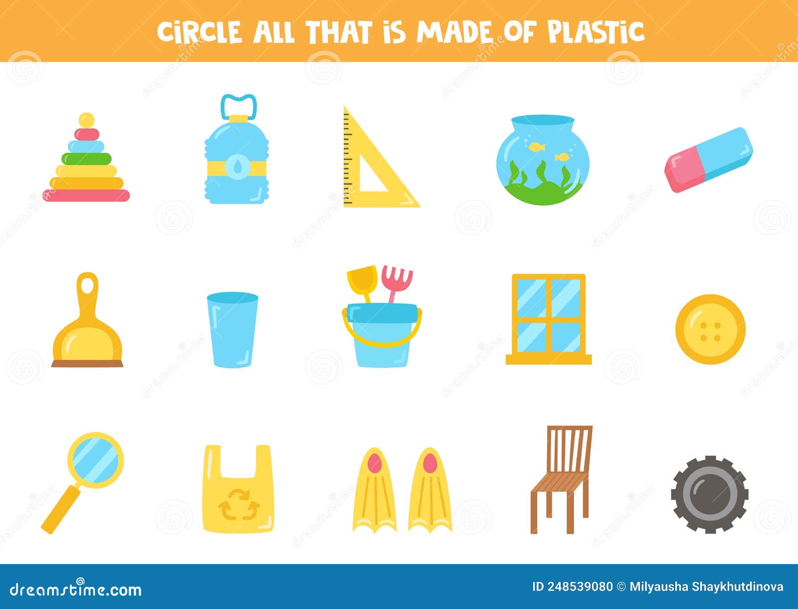Find All Plastic Objects. Educational Worksheet for Children. Stock ...