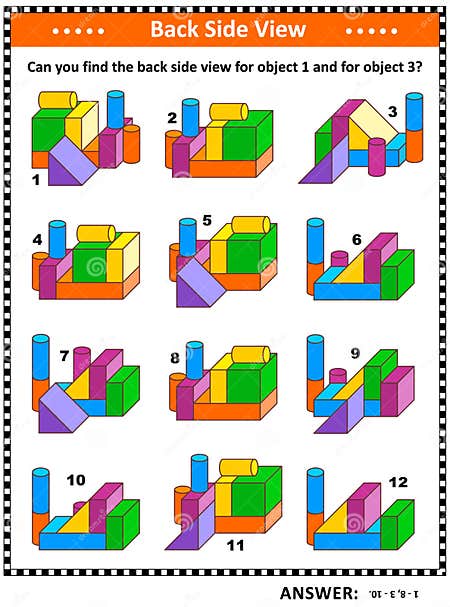Find Back Side View Visual Math Puzzle with Building Blocks Objects ...