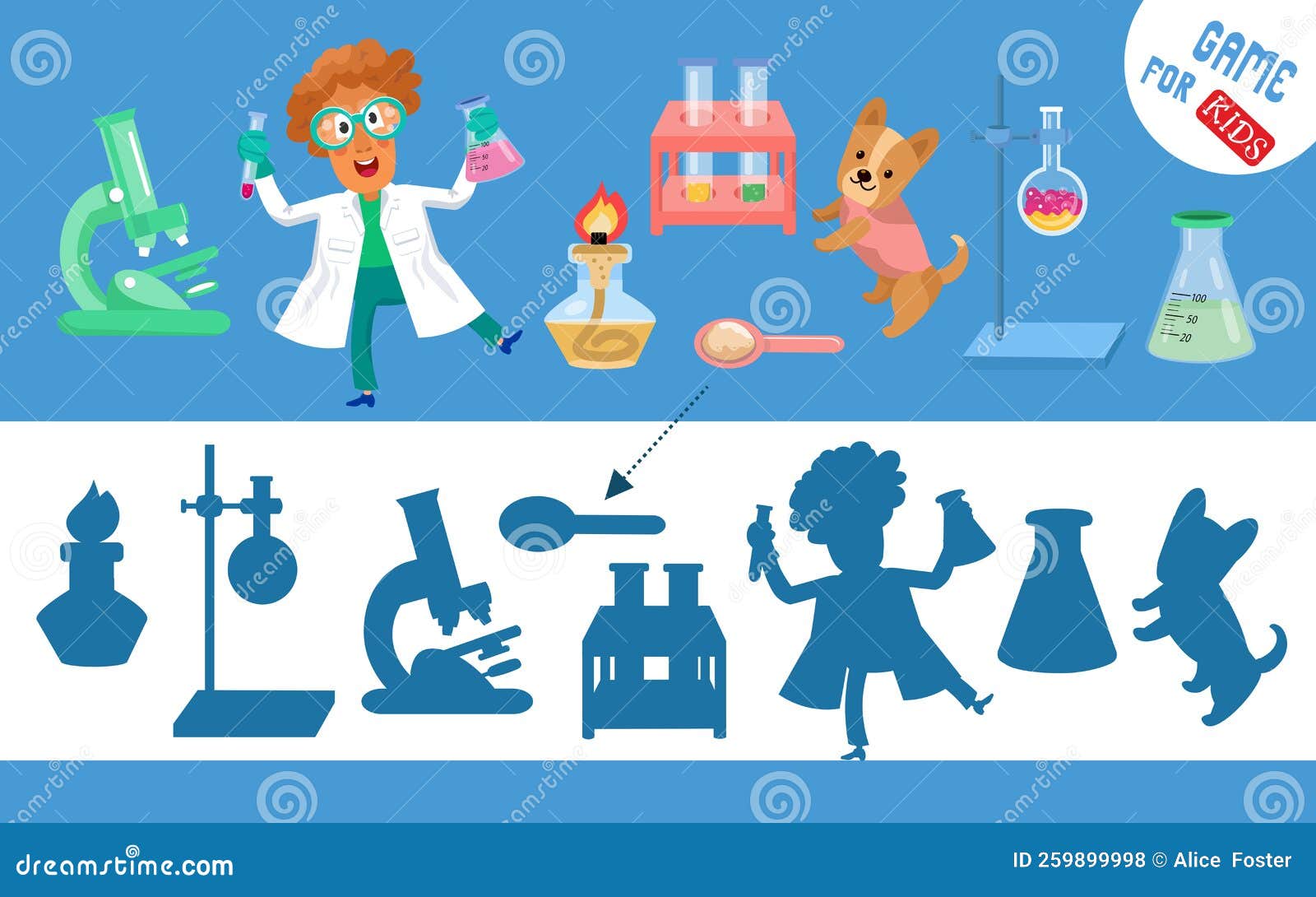 Find the Correct Shadow. Chemist Scientist, Lab Objects in Cartoon Flat ...
