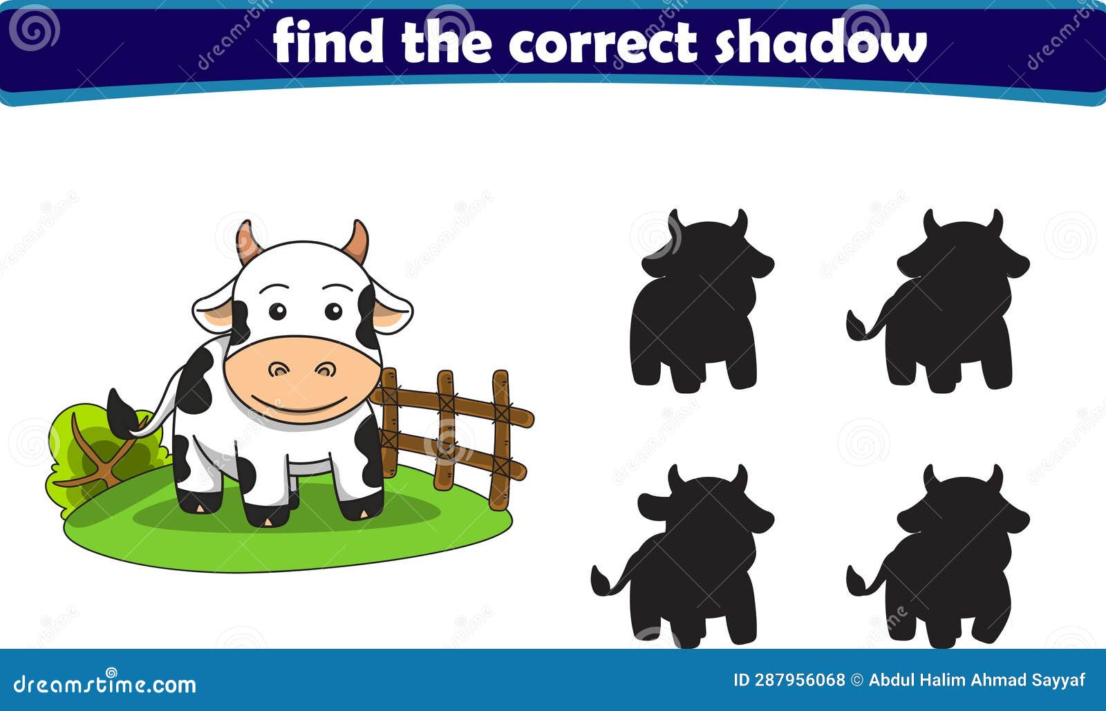 Funny Cartoon Cow. Find the Correct Shadow. Kids Education Games Stock ...