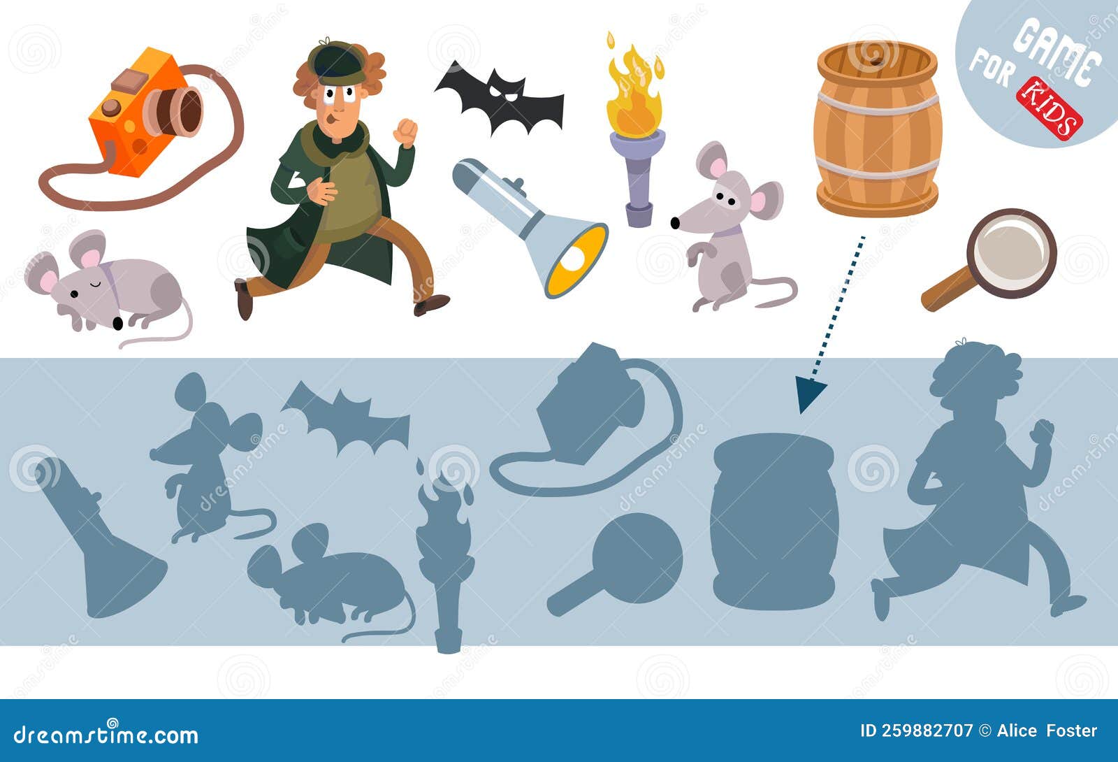 Find The Correct Shadow. Cute Detective, Mice, Objects In Cartoon Style ...
