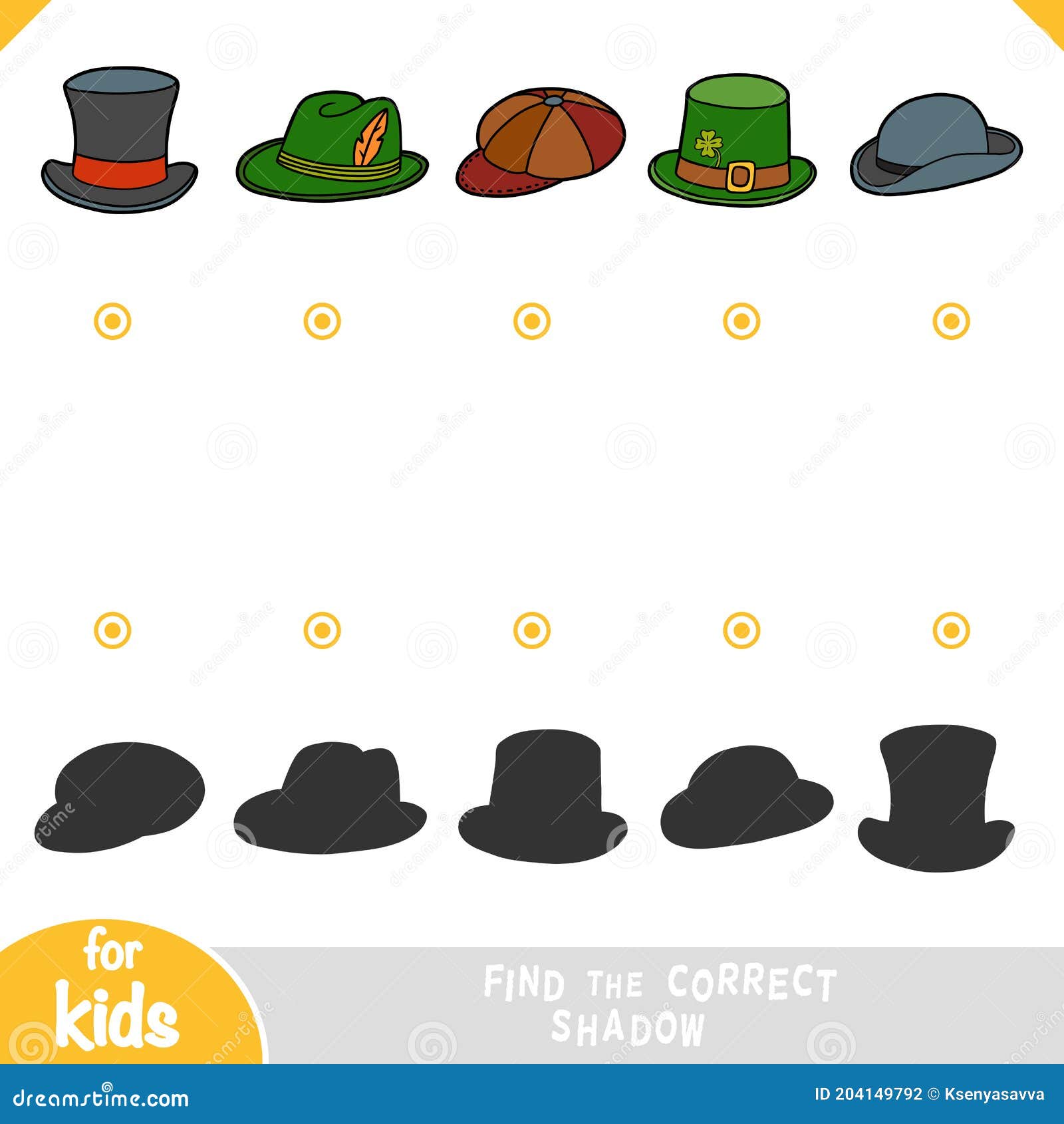 Find the Correct Shadow, Education Game. Set of Mens Hats Stock Vector ...