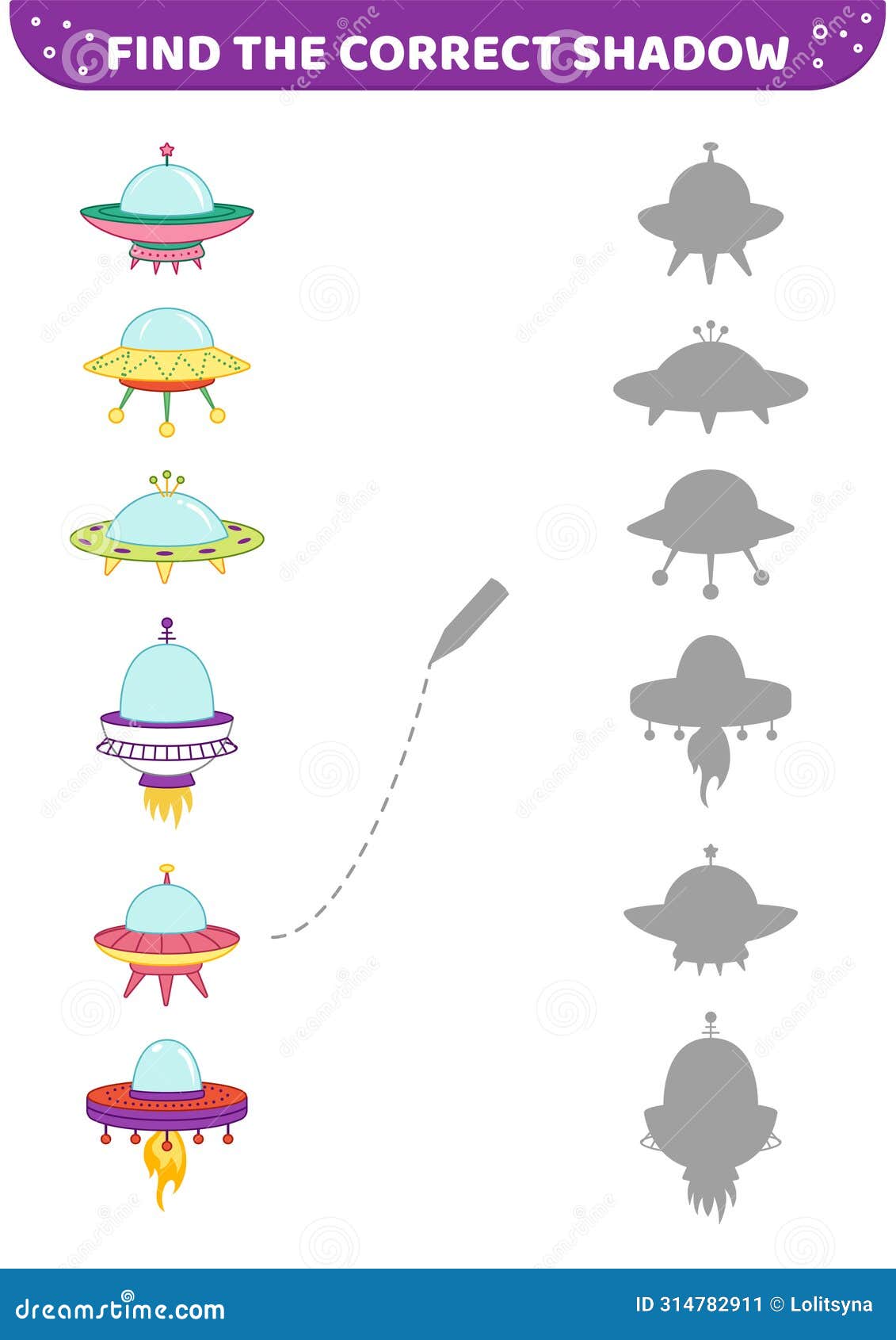 Find the Correct Shadow. Flying Saucers. Shadow Matching Game. Cartoon ...