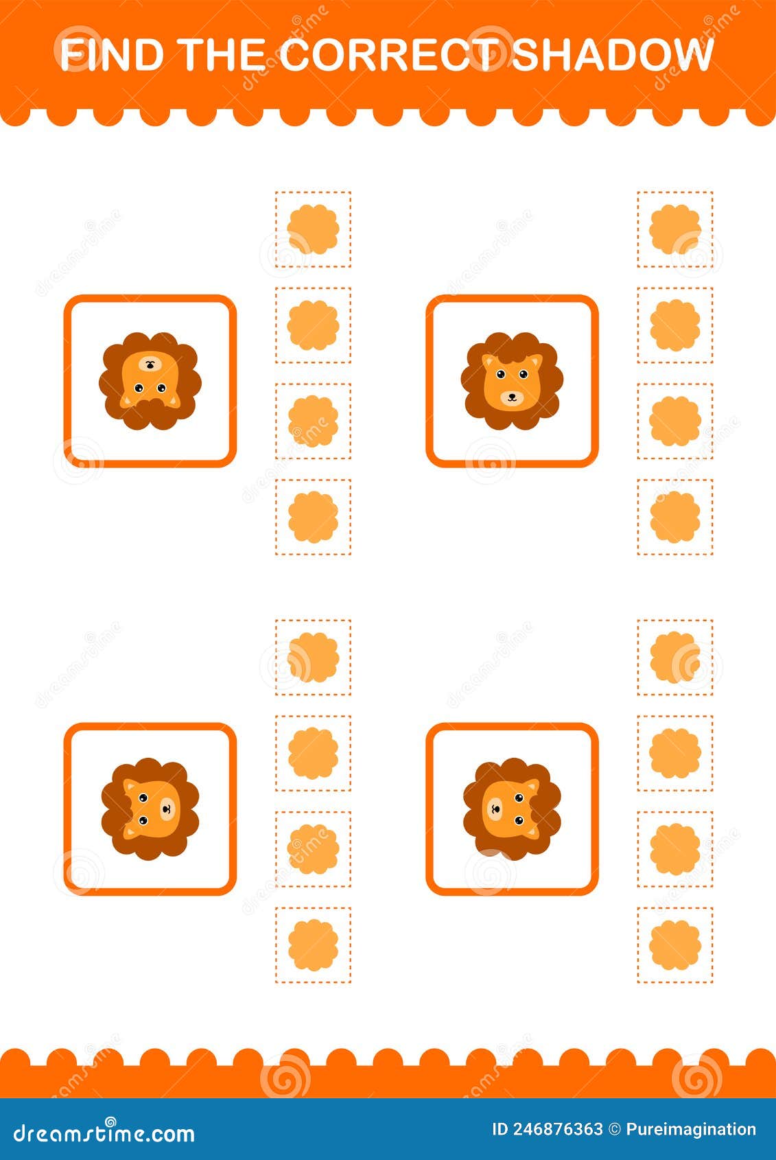 Find the Correct Shadow Lion Face. Worksheet for Kids Stock Vector ...