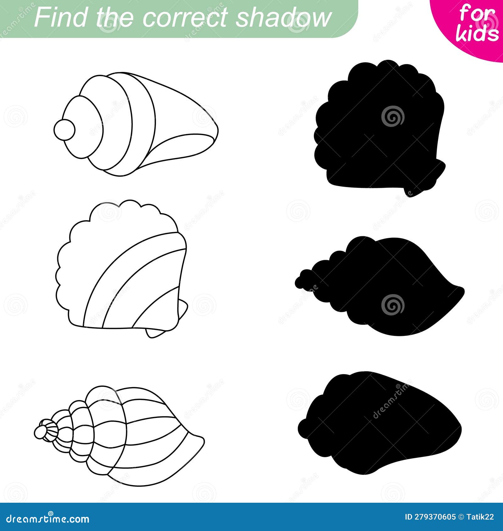 Find the Correct Shadow. Marine Collection. Three Shell Silhouettes ...