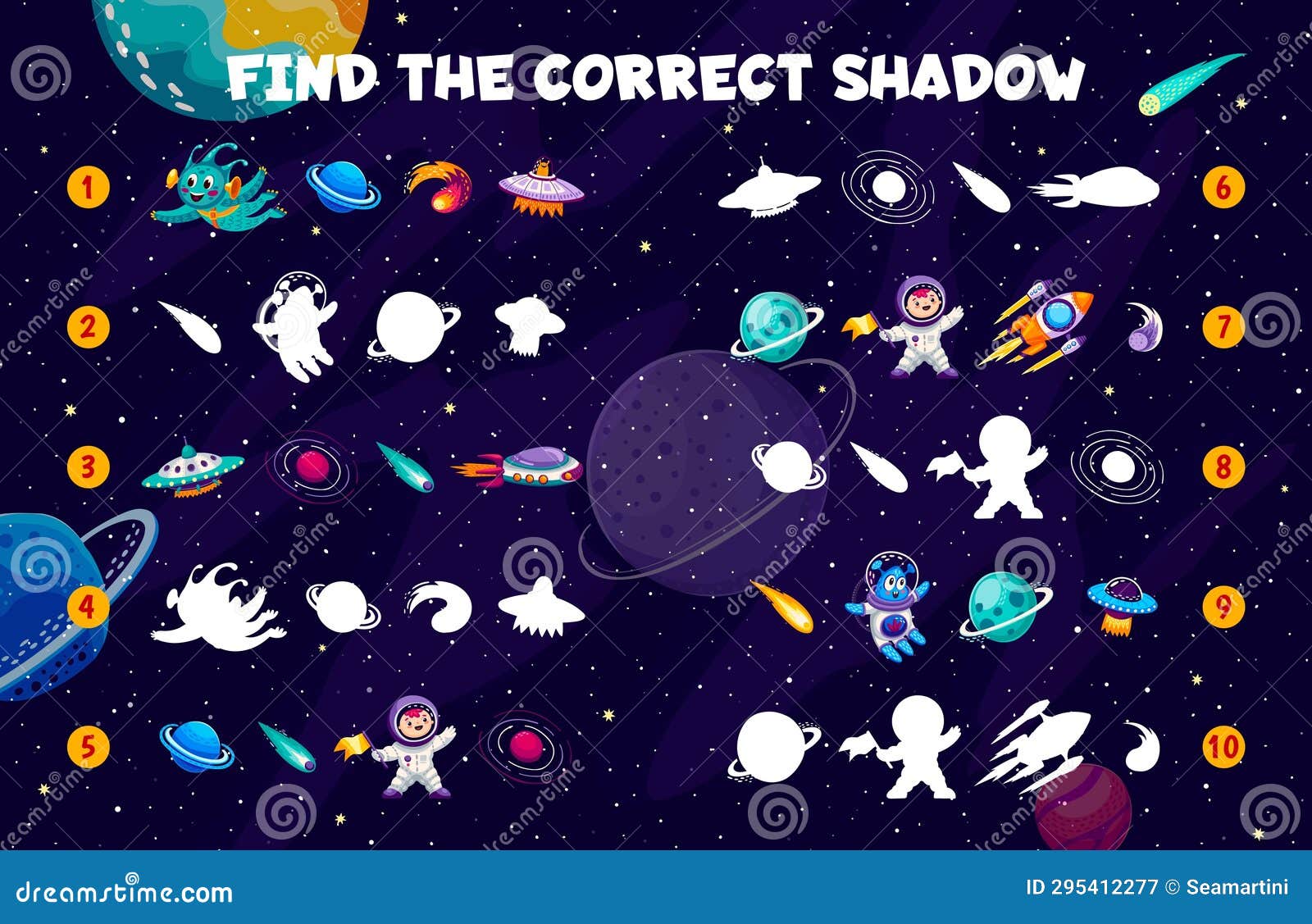 Find Correct Shadow of Space Planets, Astronauts Stock Illustration ...