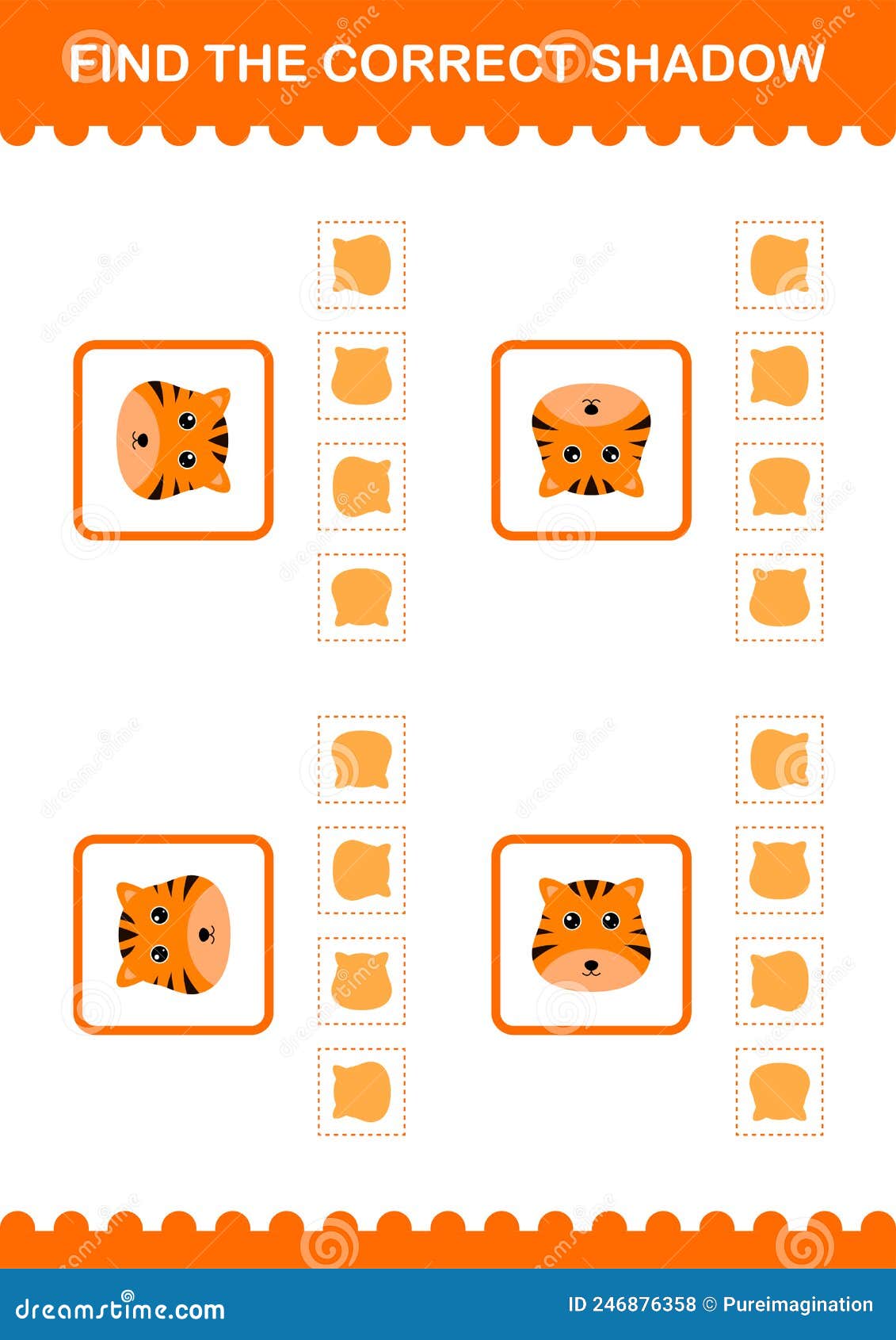 Find the Correct Shadow Tiger Face. Worksheet for Kids Stock Vector ...