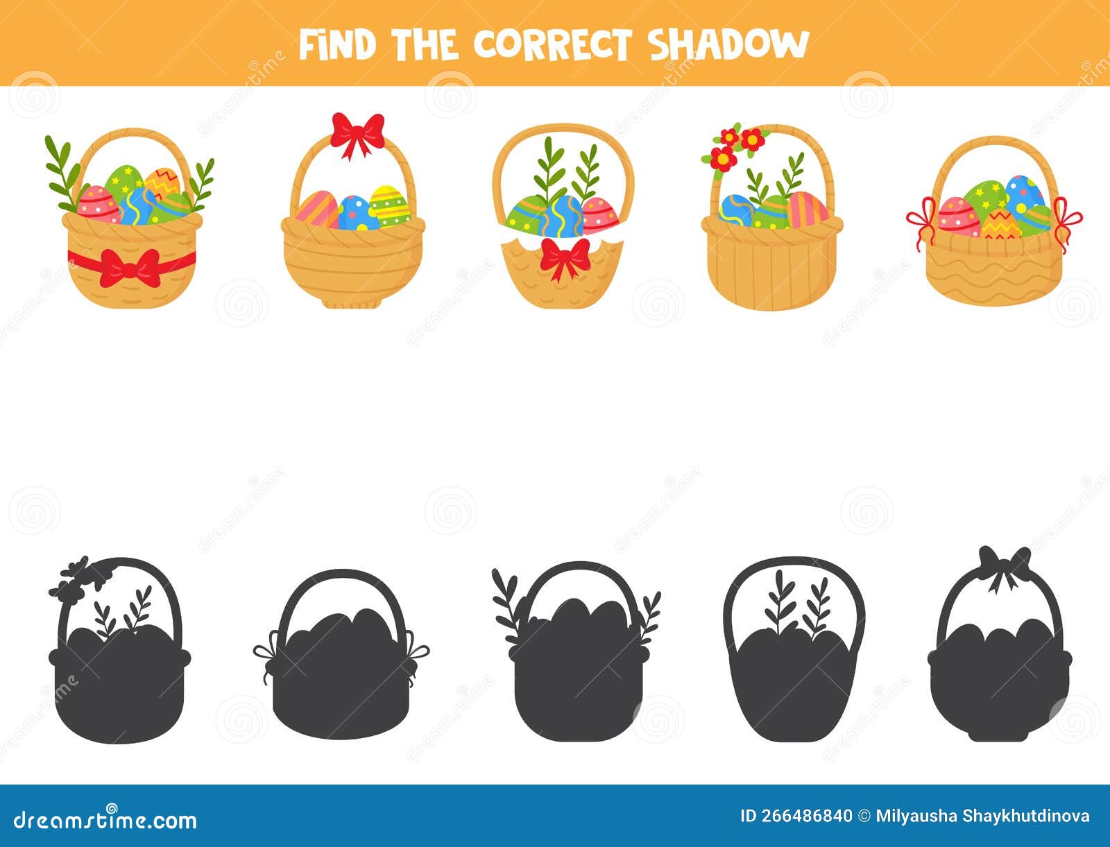 Find the Correct Shadows of Cute Easter Baskets. Logical Puzzle for ...