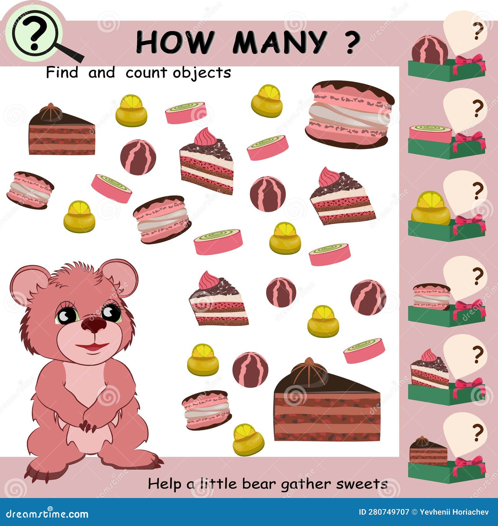 Find and Count Objects, Sweets, Cakes, Gift Box with Bow, Cartoon Bear ...