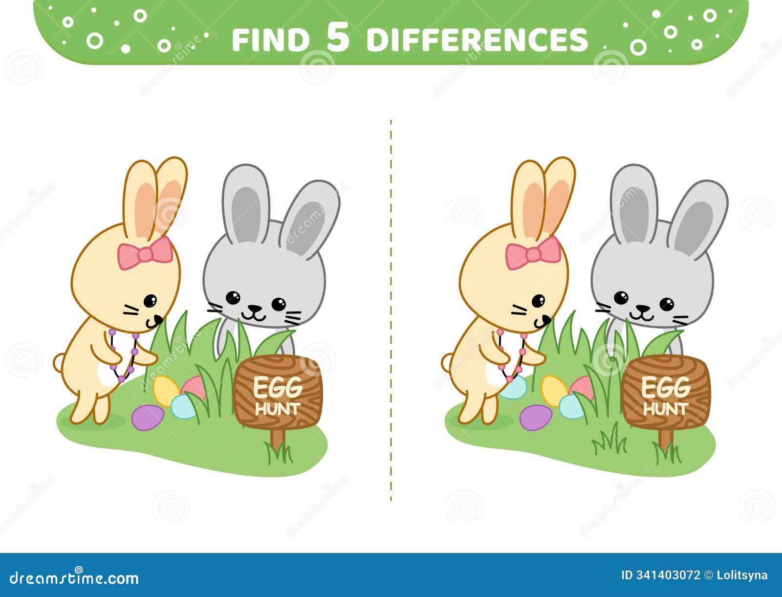 Find 5 Differences. Bannies are on Egg Hunt. Easter Game. Cartoon, Vector Stock Illustration ...