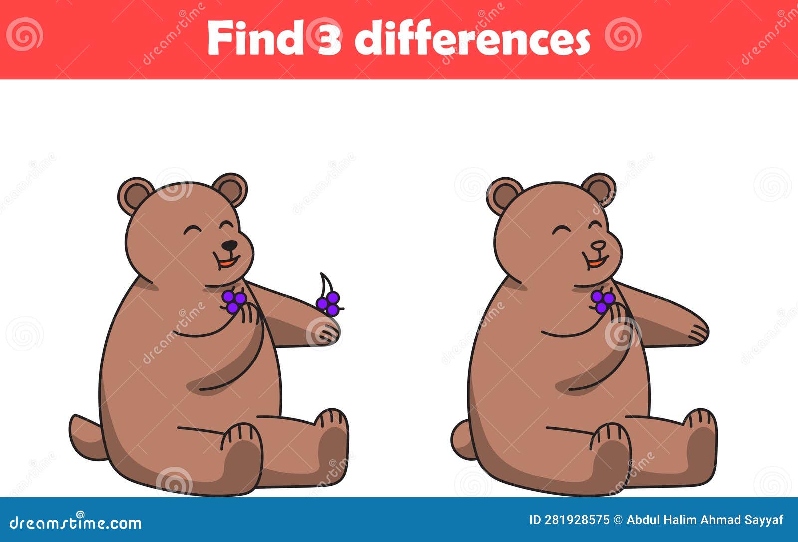 Education Game for Children Find Three Differences between Two Bear ...