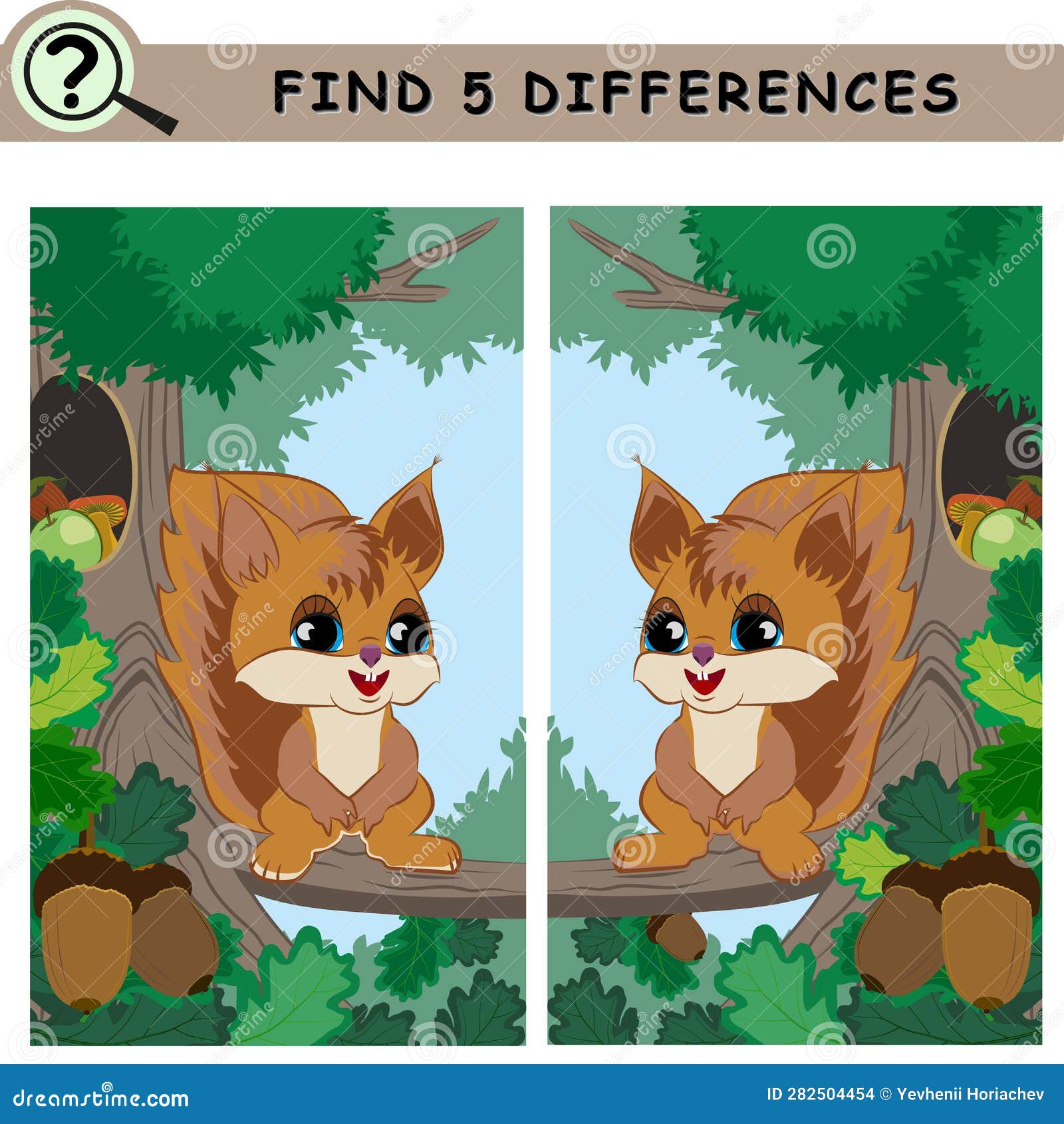 Find 5 Differences. Cartoon Character Squirrel on Tree Stock Vector ...