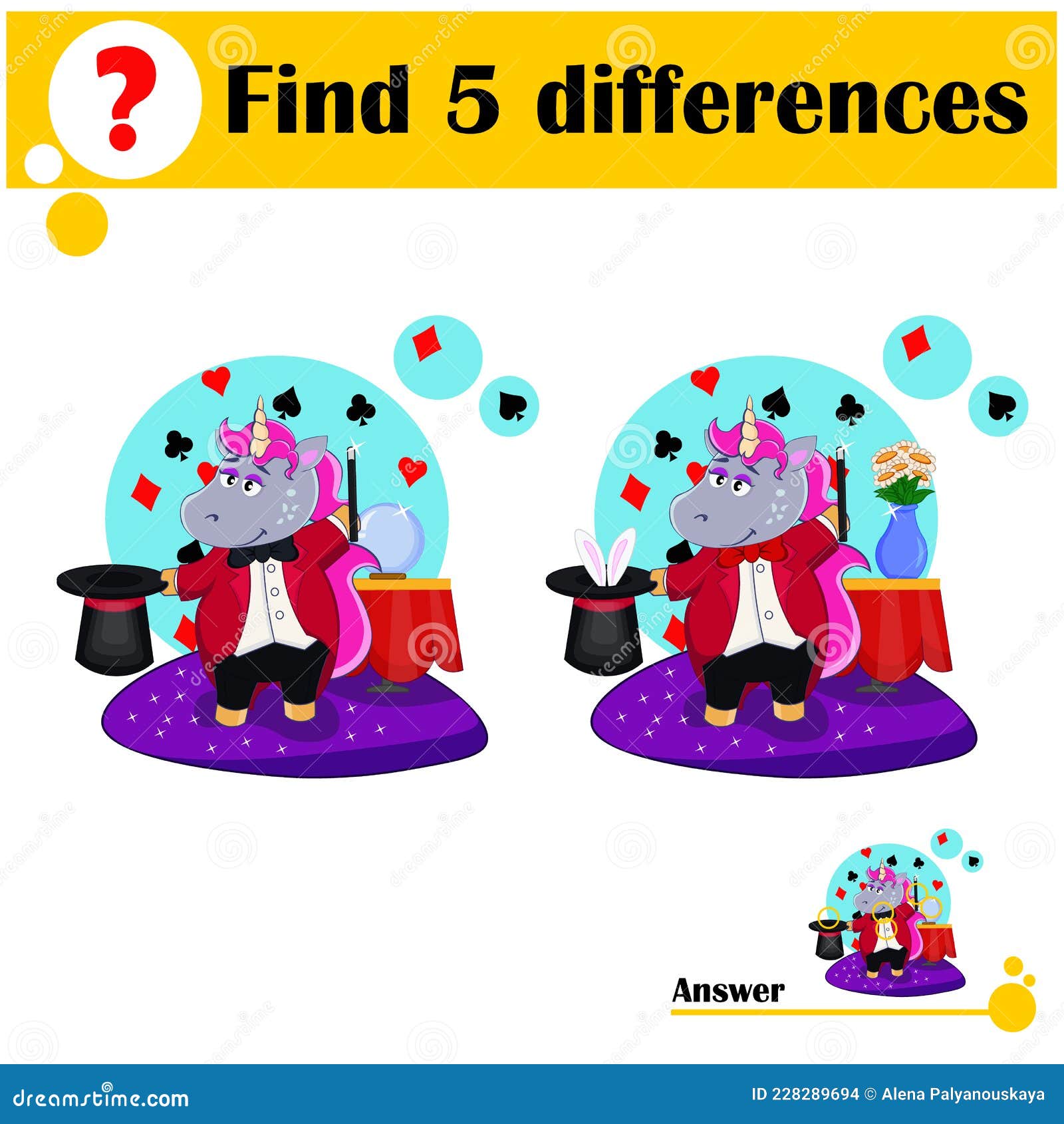 Find 5 Differences. Cartoon Set with Unicorn Illusionist Stock Vector ...