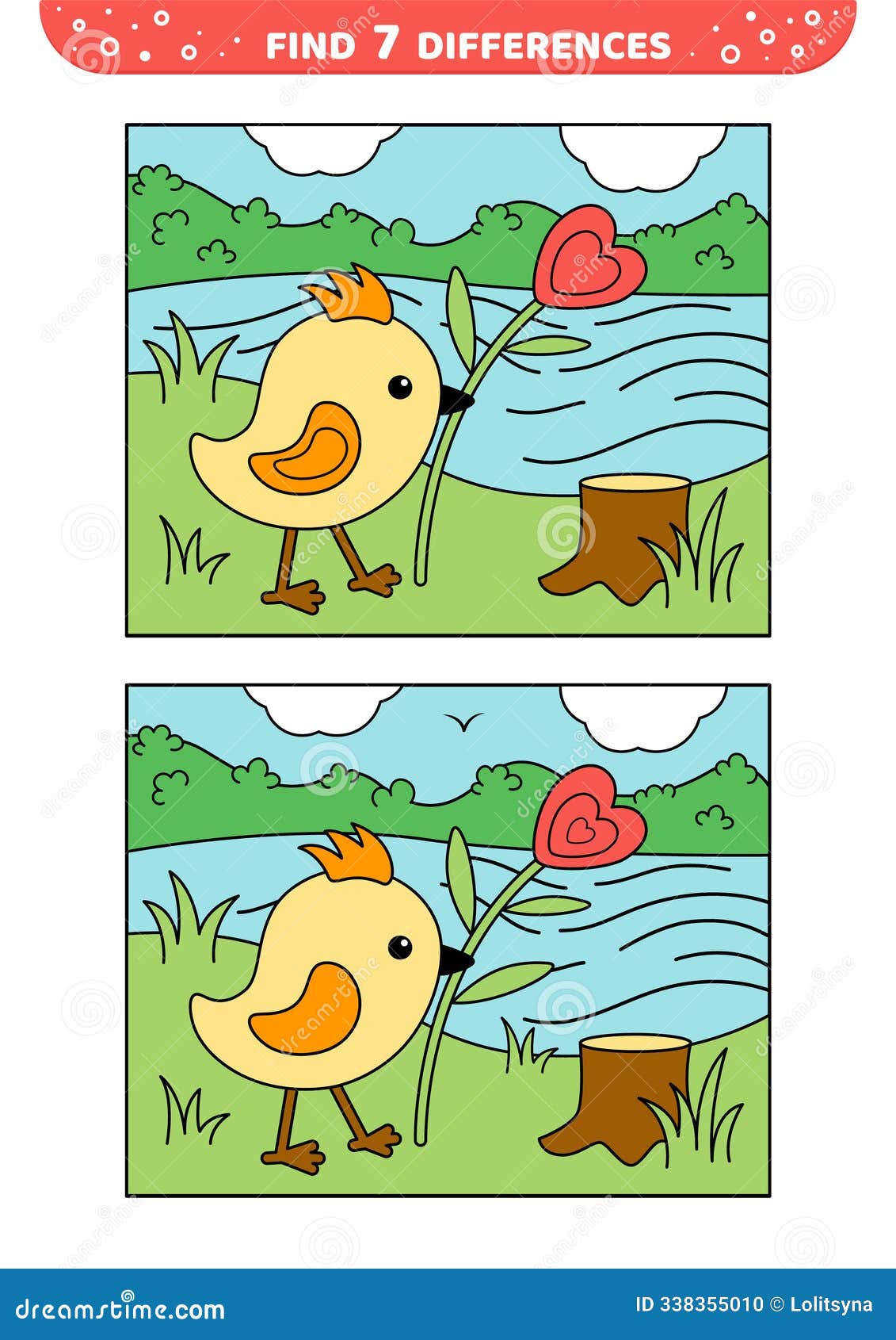 Find 7 Differences. Chick with Flower. Game for Kids. Cartoon, Vector ...