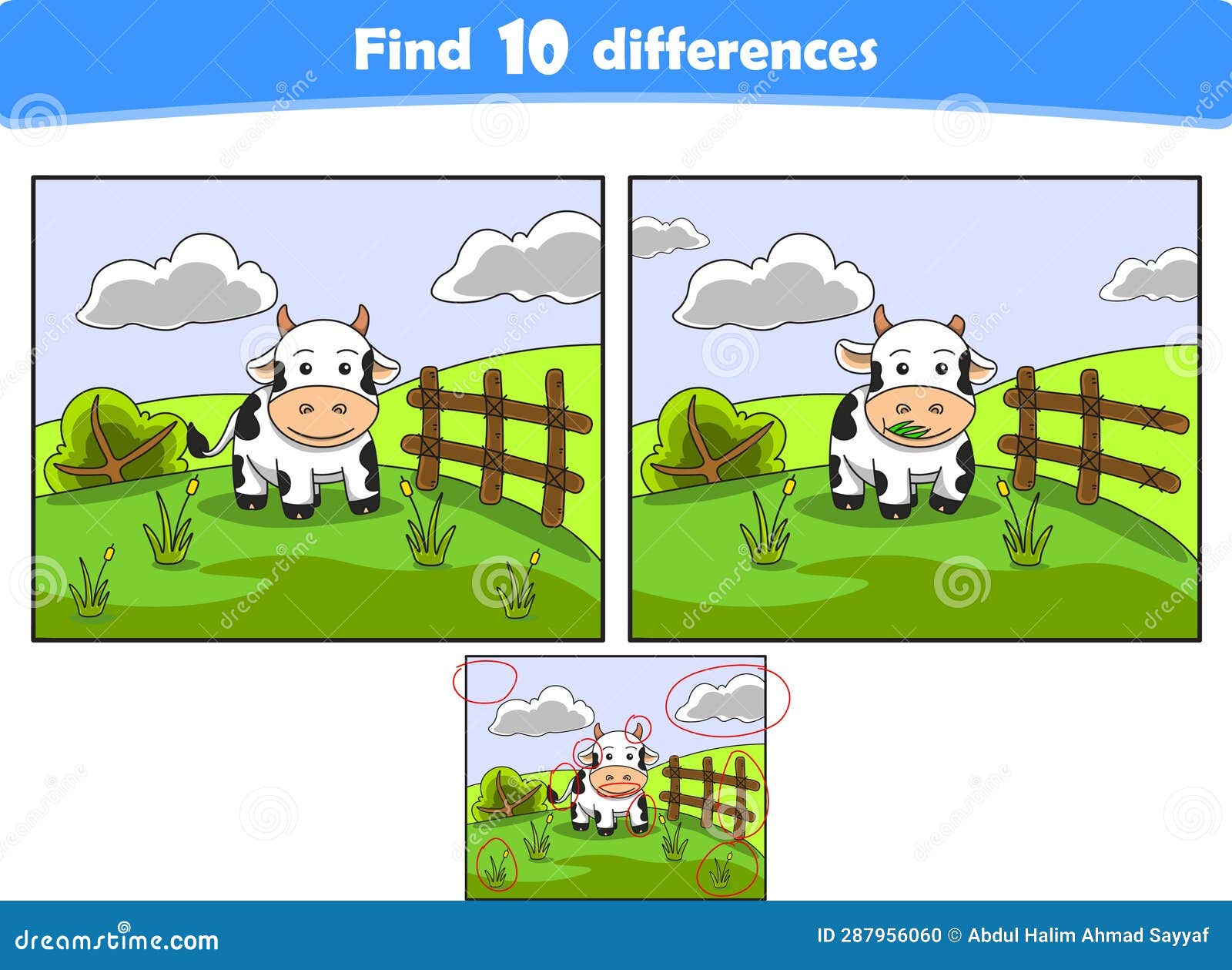 Funny Cartoon Cow. Find 10 Differences. Kids Education Games Stock Vector - Illustration of ...